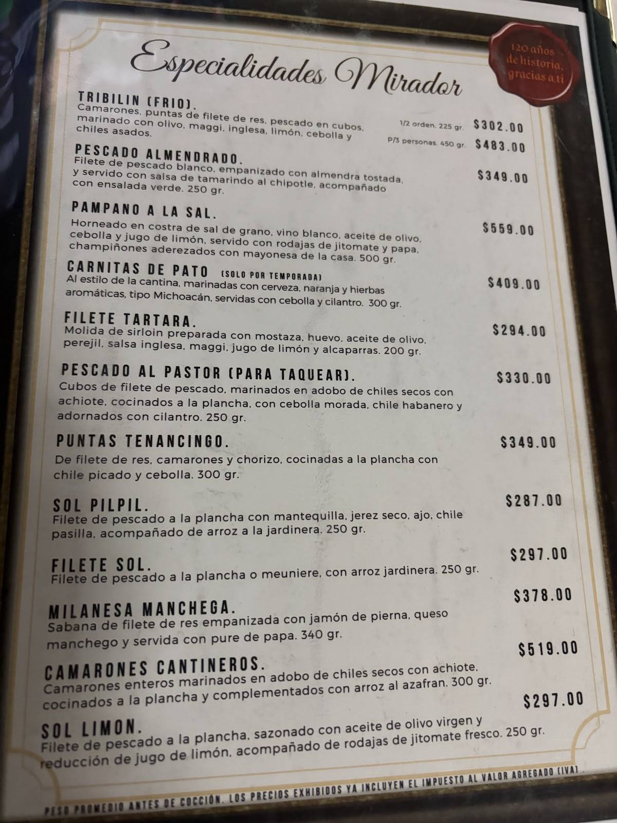 Menu at El Mirador de Chapultepec restaurant, Mexico City