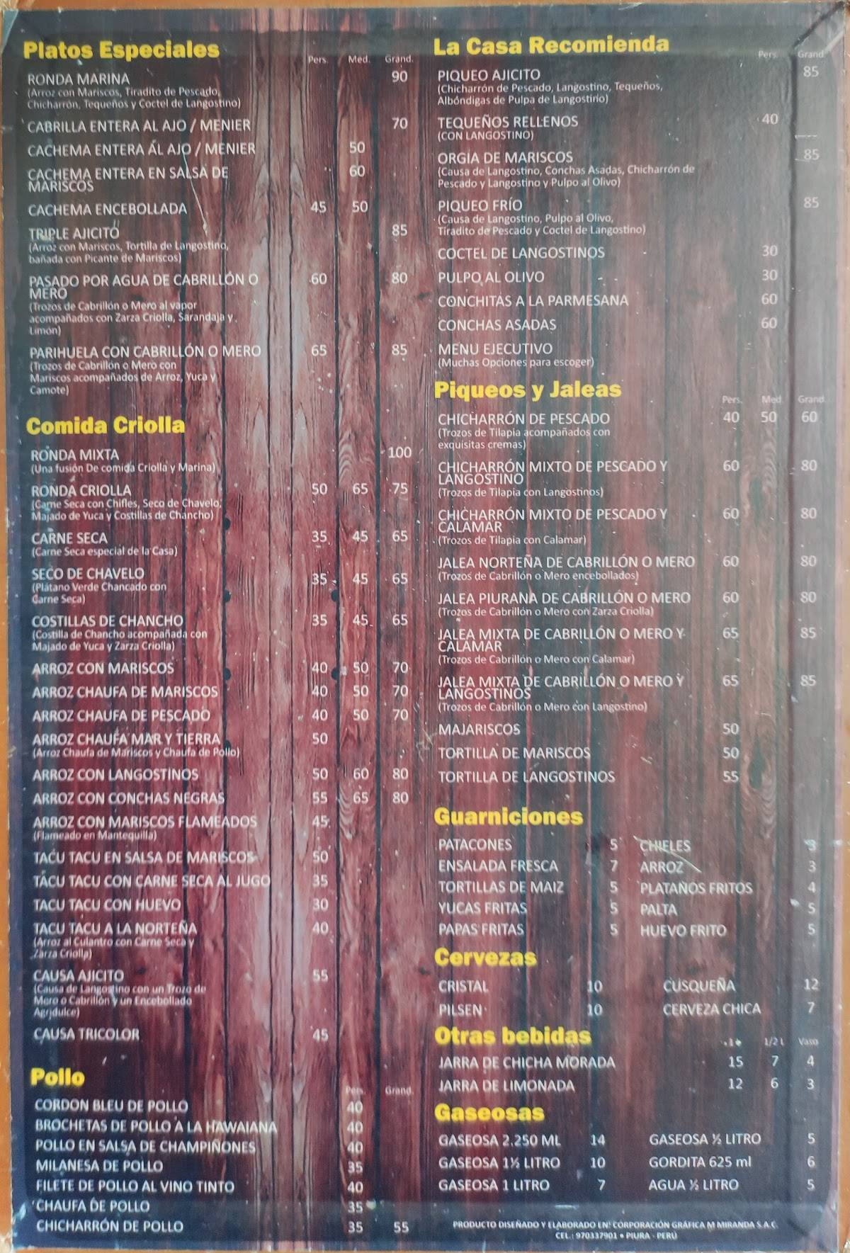 Carta del restaurante El Nuevo Ajicito, Piura, Gardenias Mz. B