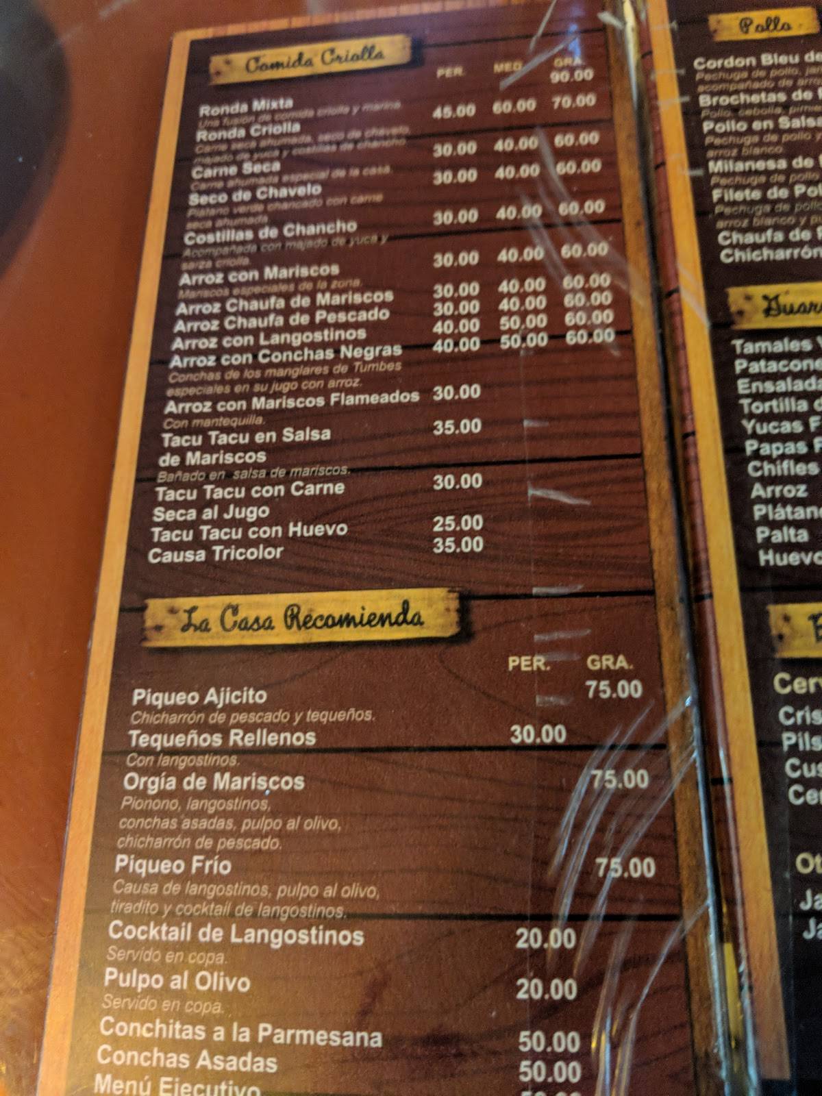 Carta del restaurante El Nuevo Ajicito, Piura, Gardenias Mz. B