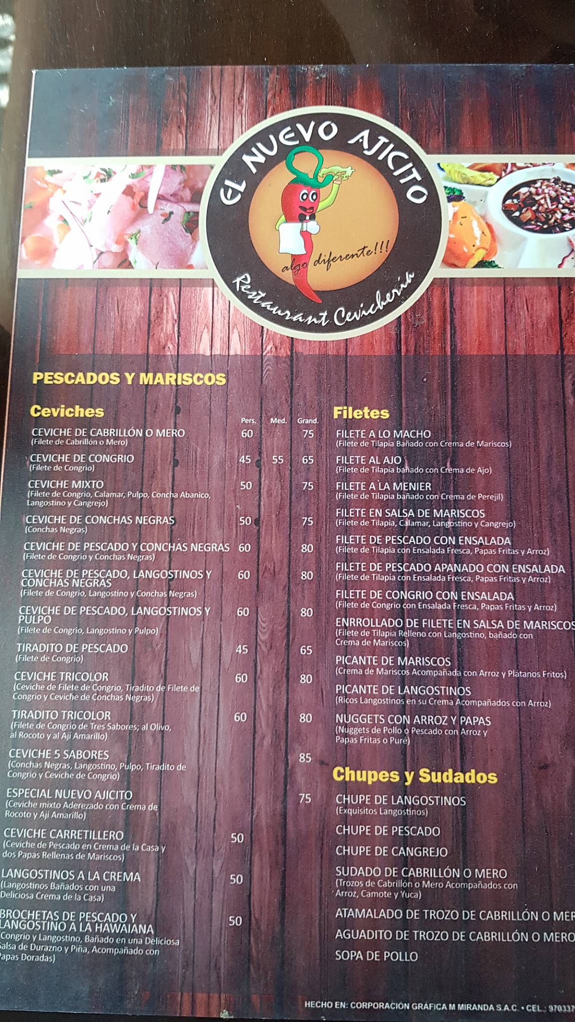 Carta del restaurante El Nuevo Ajicito, Piura, Gardenias Mz. B