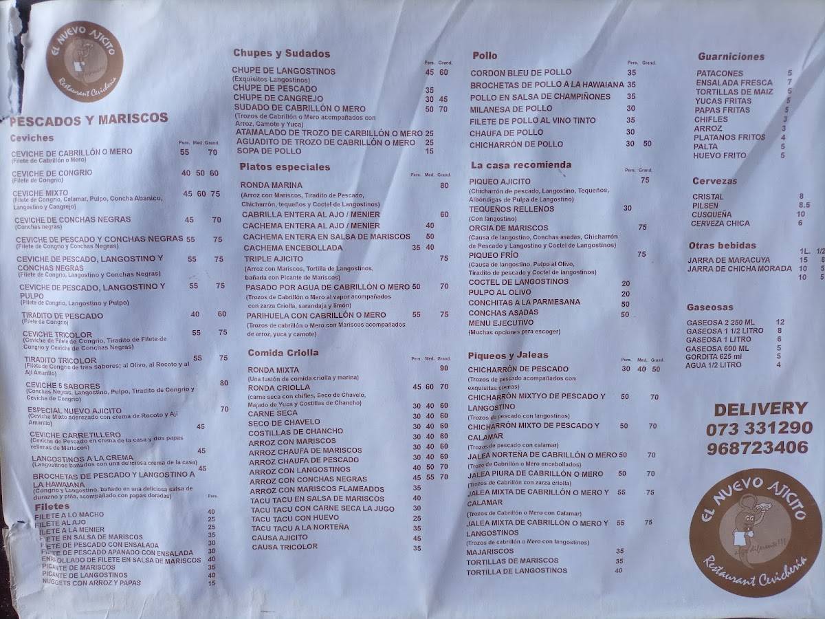 Carta del restaurante El Nuevo Ajicito, Piura, Gardenias Mz. B