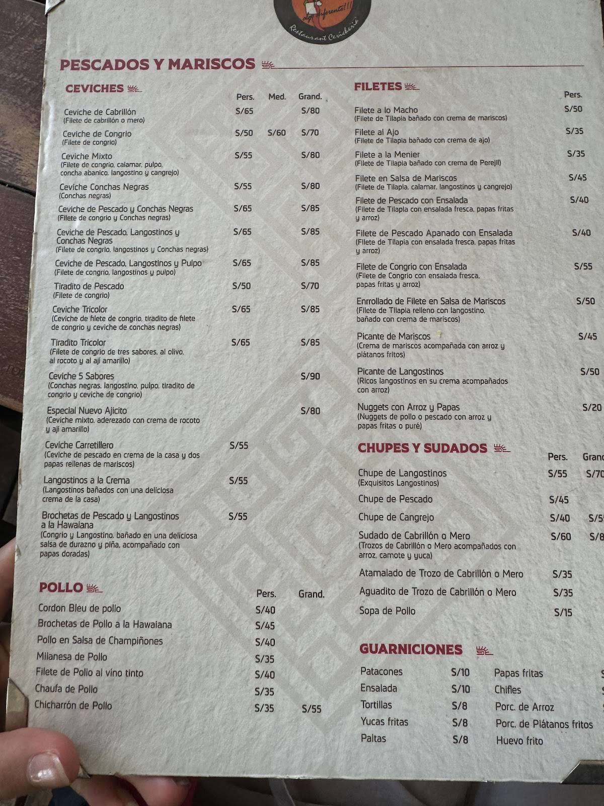 Carta del restaurante El Nuevo Ajicito, Piura, Gardenias Mz. B