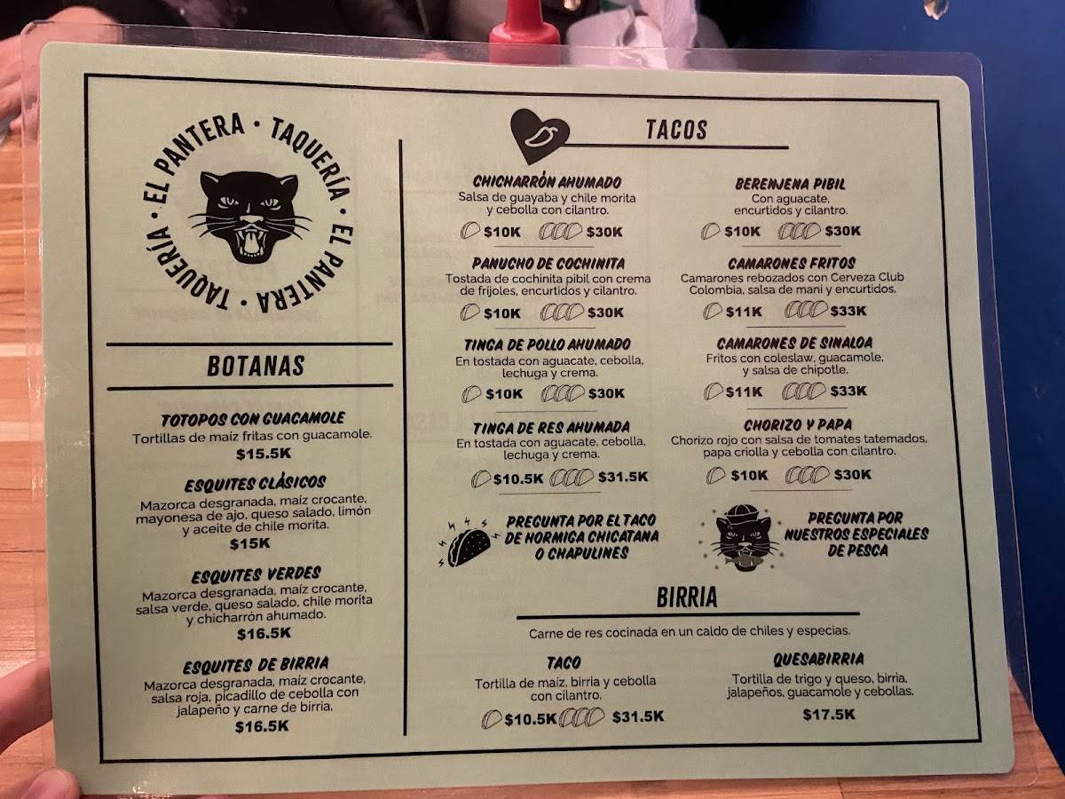 Carta del restaurante El Pantera Taqueria, Bogotá