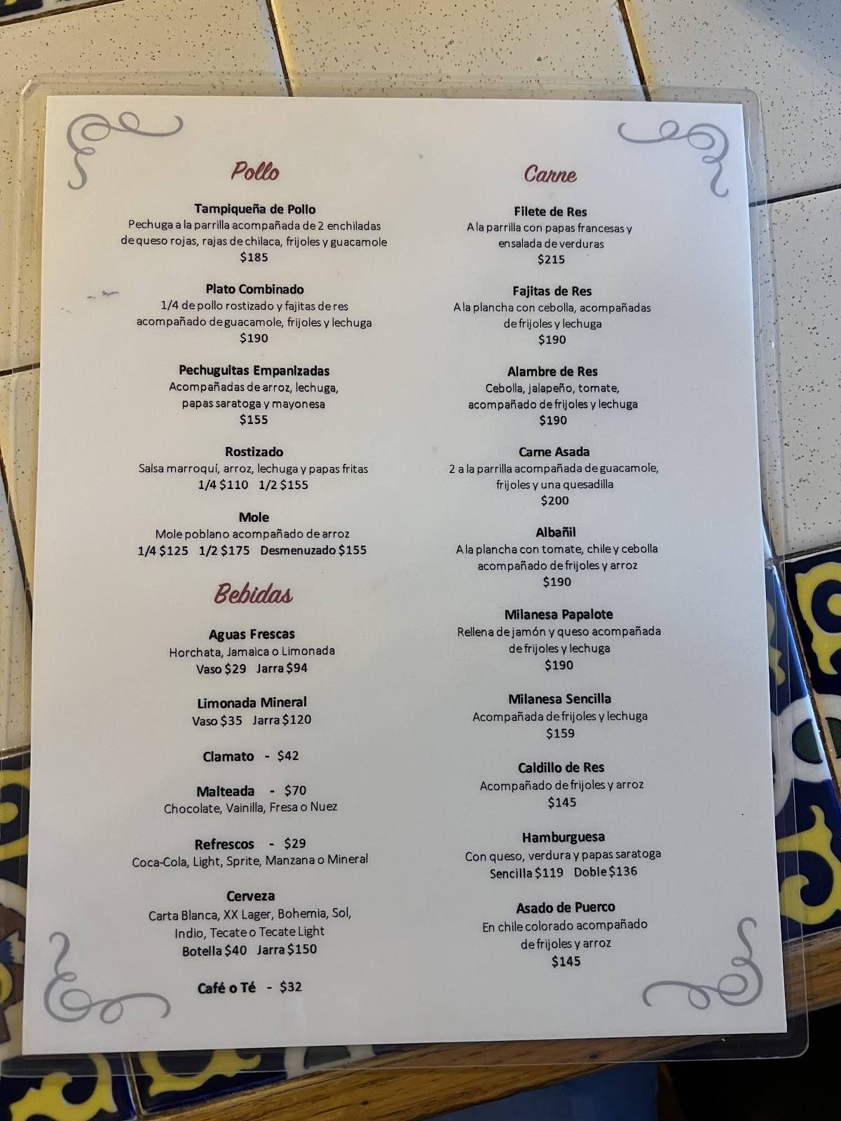 Carta de Restaurante El Papalote S.A. de C.V., Chihuahua, Novena 1110