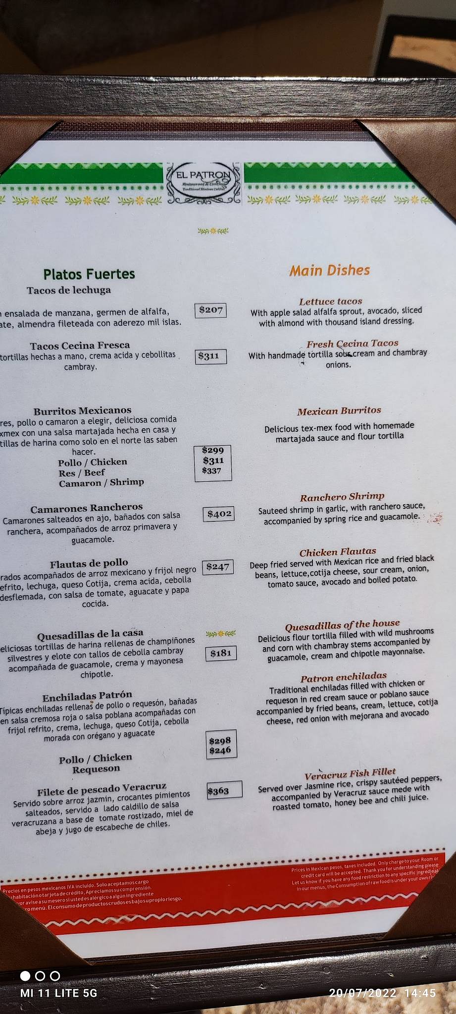 Menu at El Patron restaurant, Nuevo Vallarta, Restaurant at Villa del ...