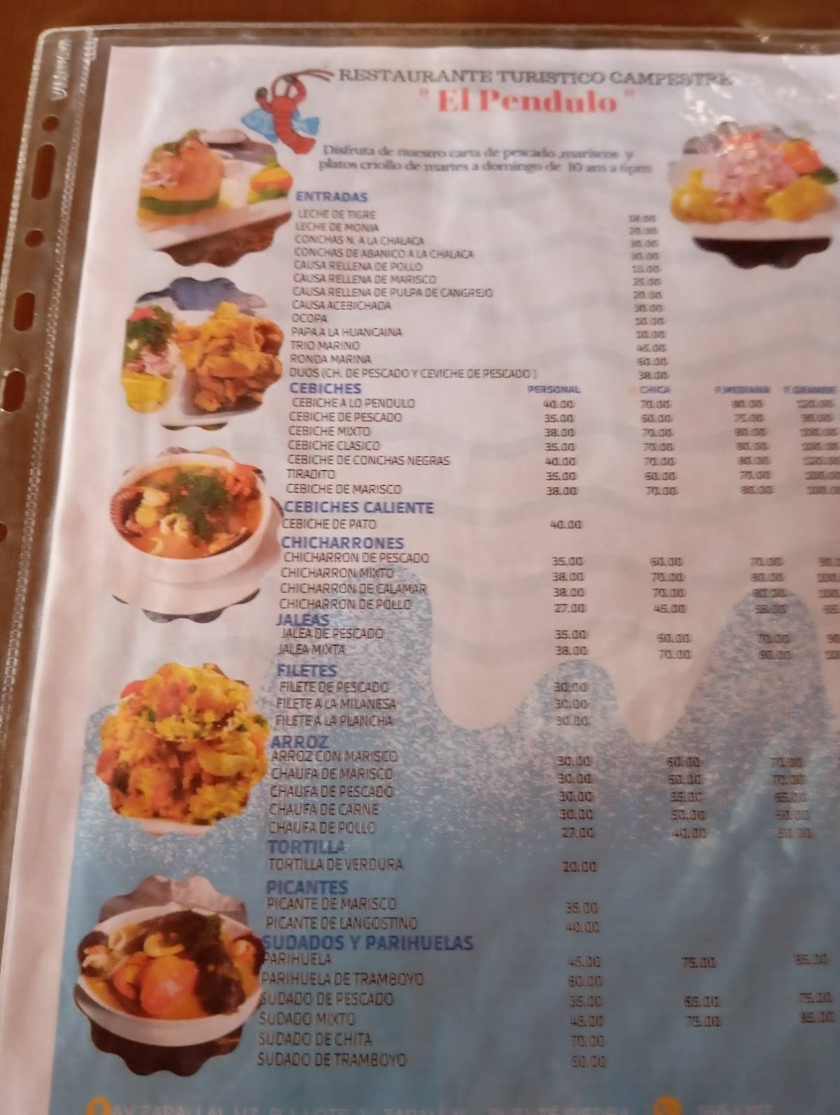 Carta del restaurante El Péndulo, Puente Piedra