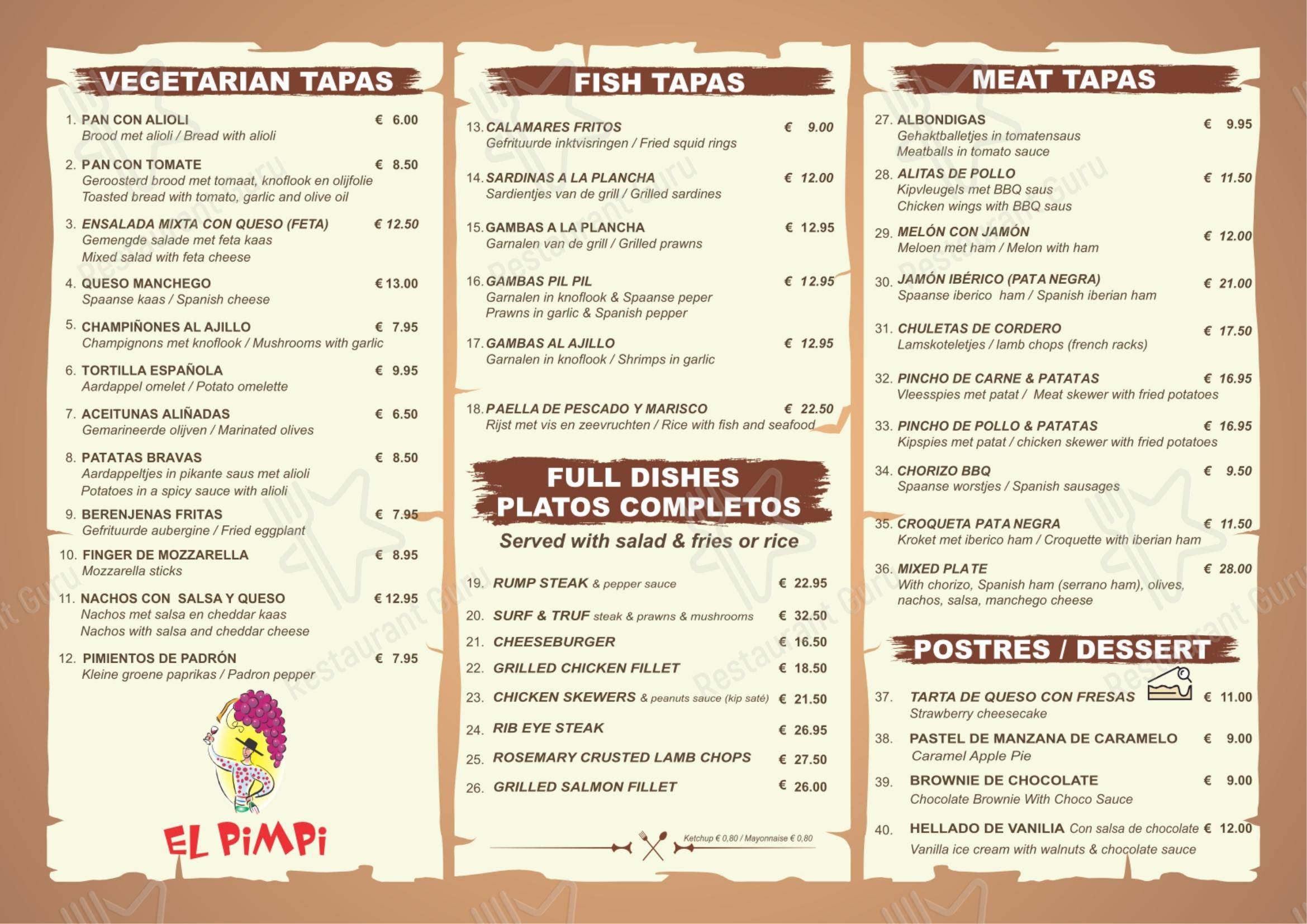 Menu au El Pimpi Tapas, Amsterdam