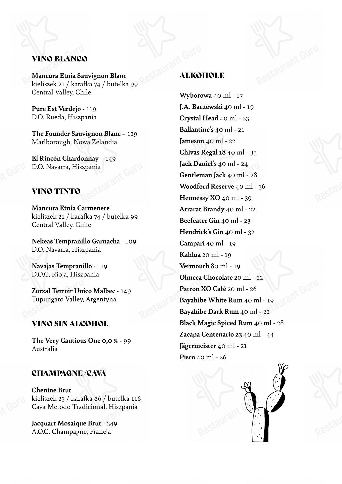 Menu at El Popo restaurant, Warsaw