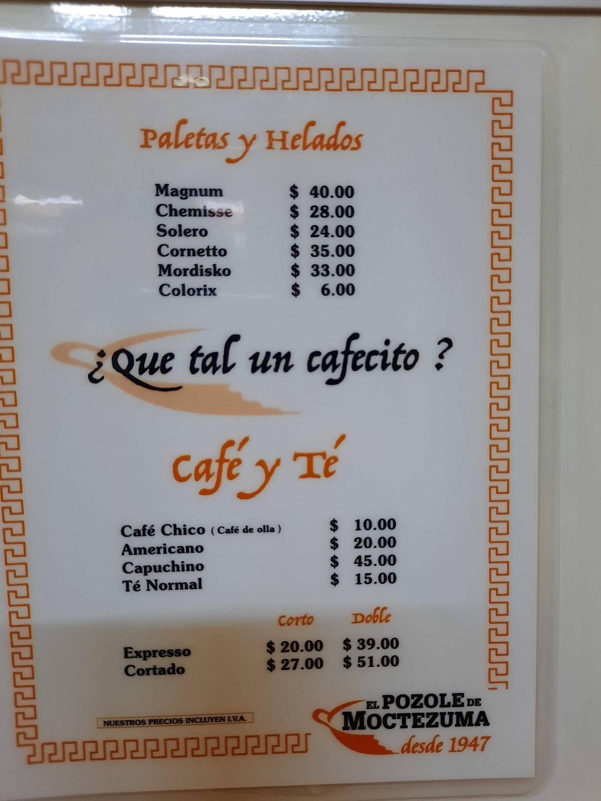 Carta del restaurante El Pozole del Moctezuma, Ciudad del México