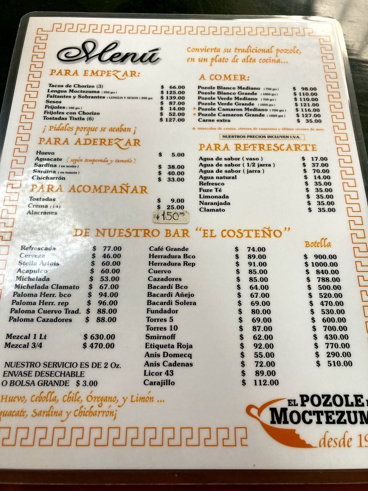 Carta del restaurante El Pozole del Moctezuma, Ciudad del México