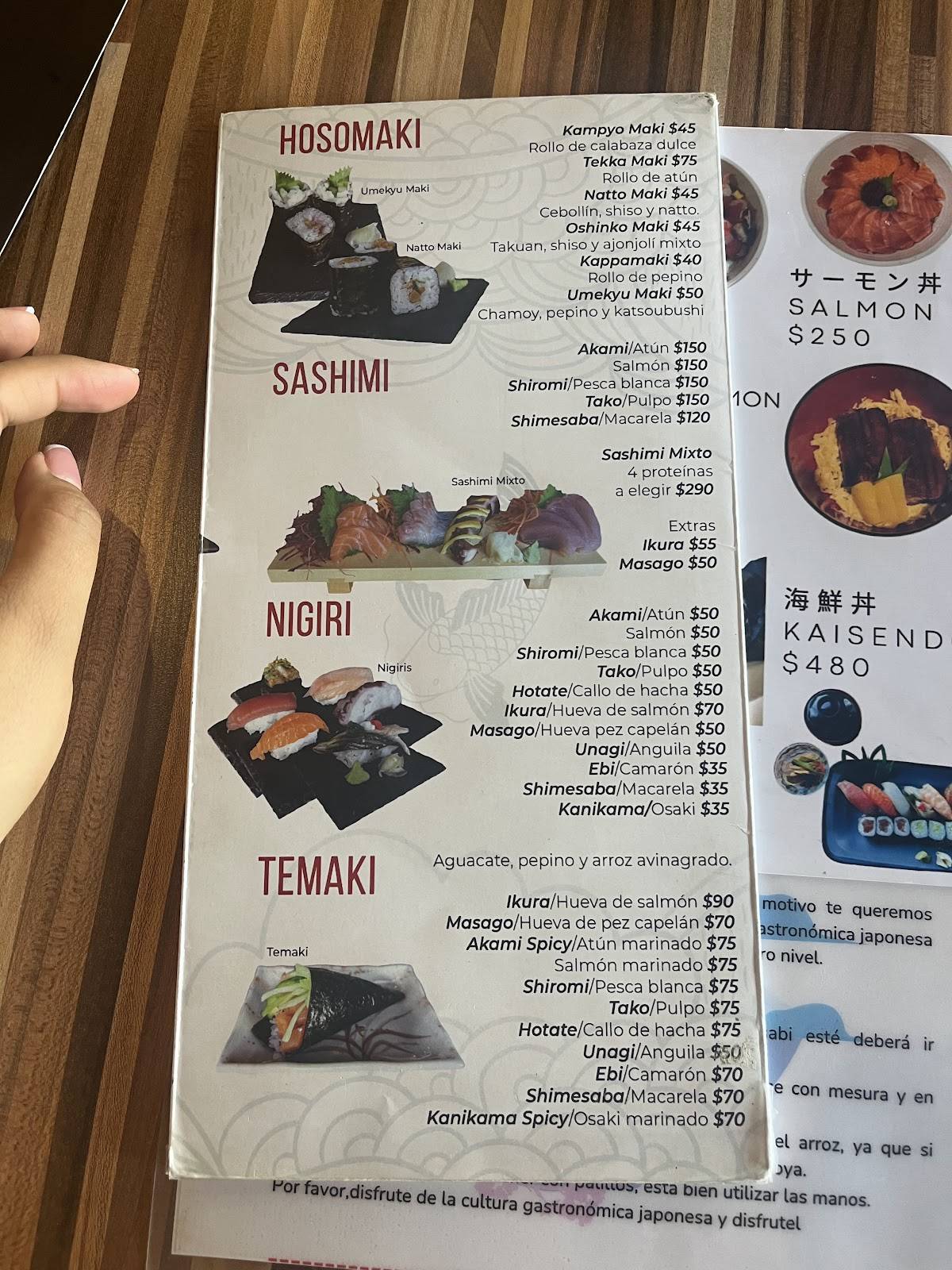 Carta de Restaurant SHINSEN Sushi Comida Japonesa, Santiago de Querétaro