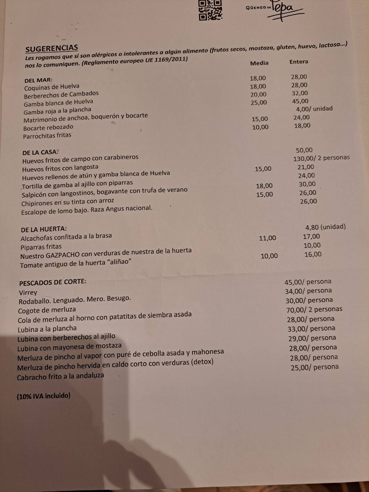 Carta del restaurante El Qüenco del Pepa, Madrid, C. del Henri Dunant