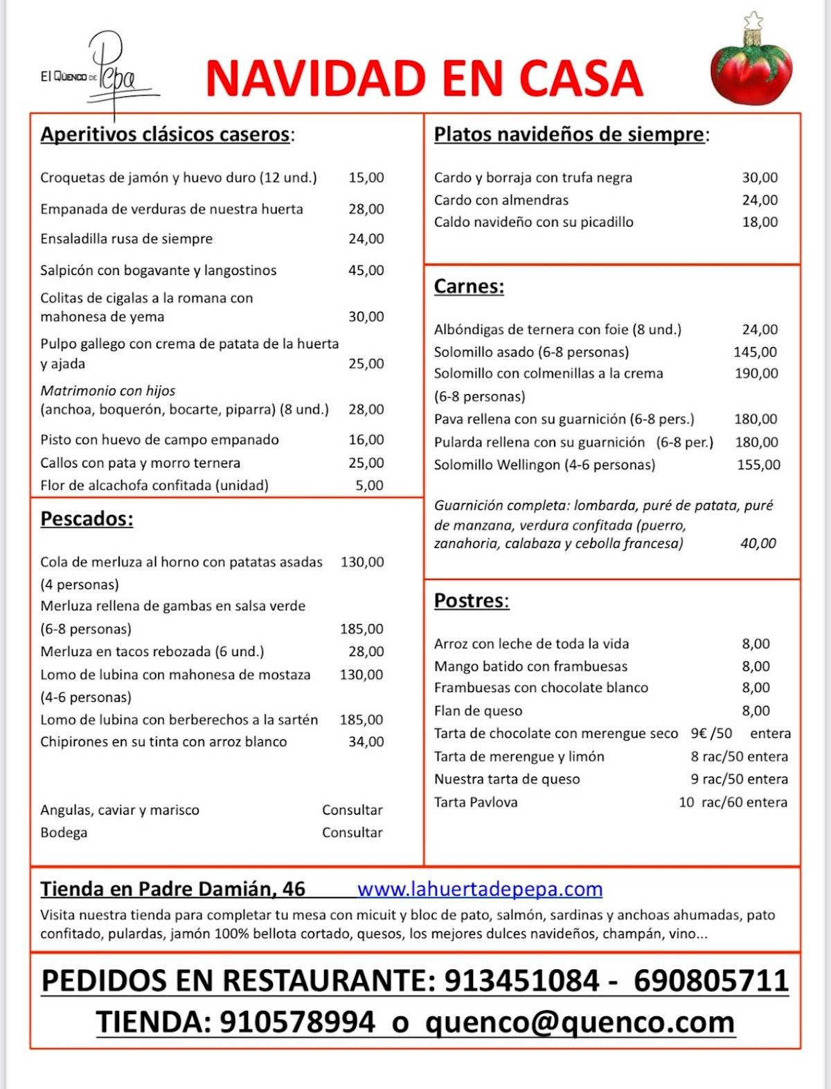 Carta del restaurante El Qüenco del Pepa, Madrid, C. del Henri Dunant