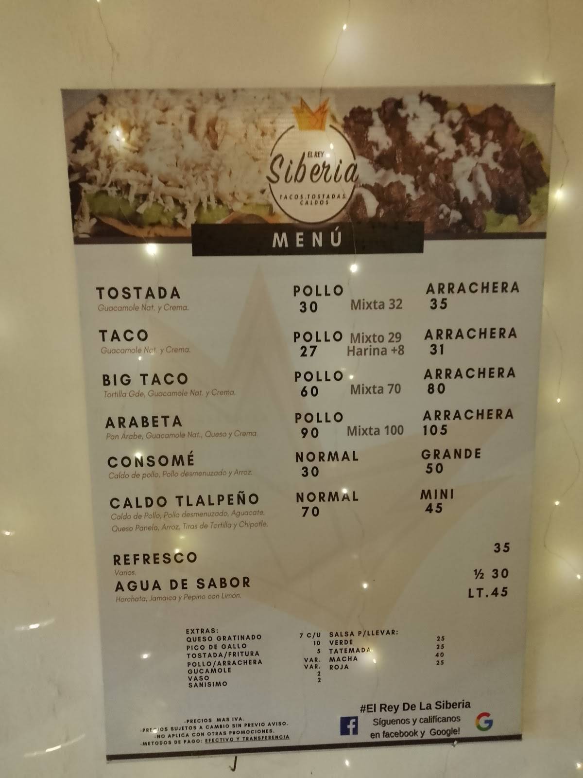 Carta del restaurante El Rey del la Siberia, Tampico