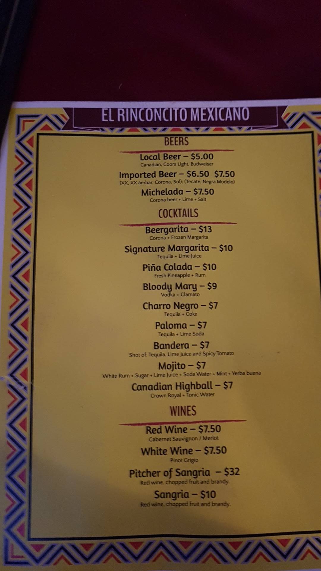 Carta del restaurante El Rinconcito Mexicano, Toronto