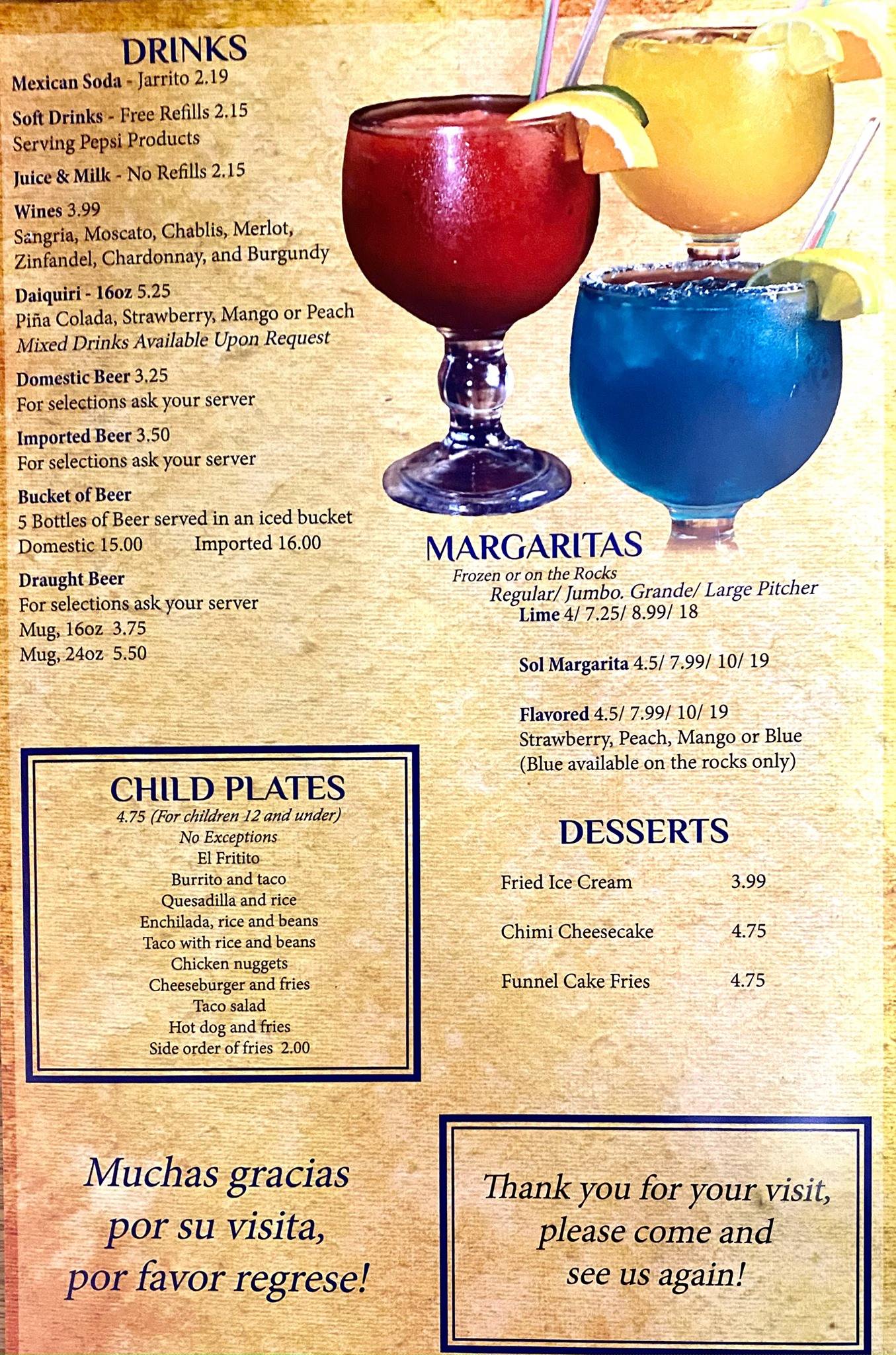 Menu at El Sol Mexican Restaurant, Sullivan