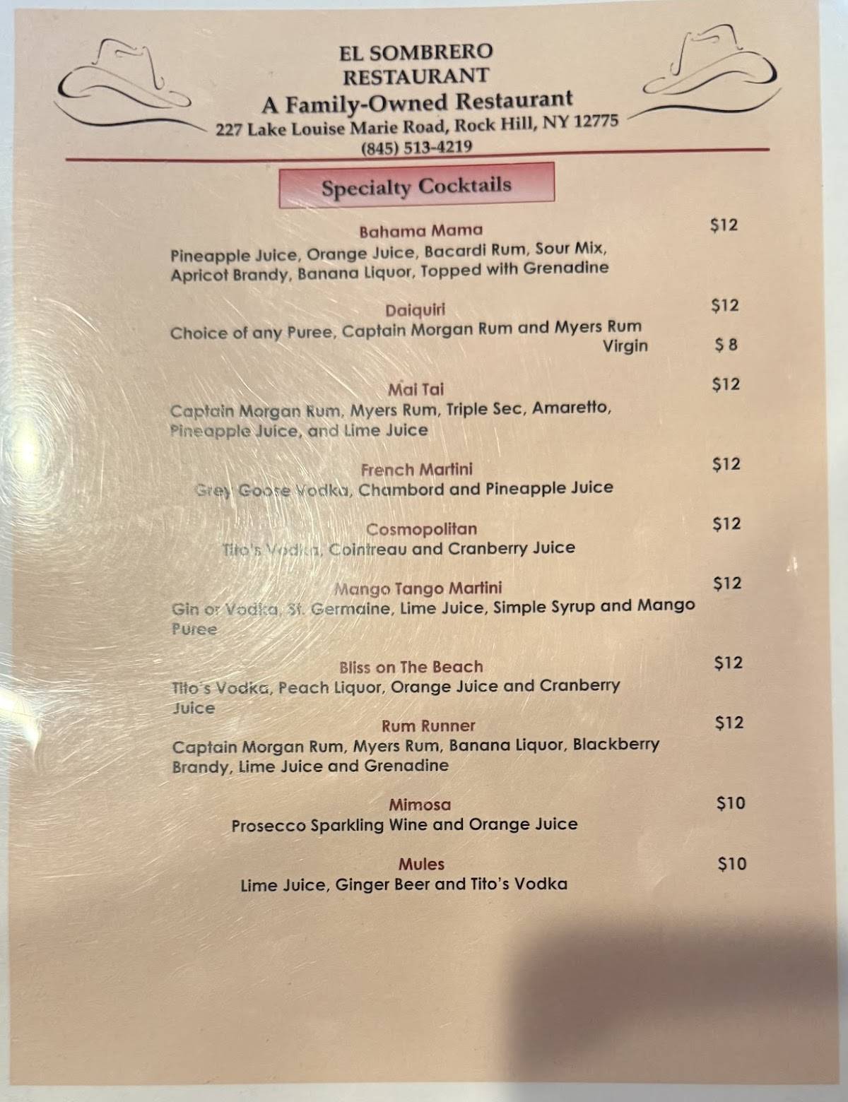 Menu at El Sombrero Restaurant Tex Mex Bar & Grill, Rock Hill
