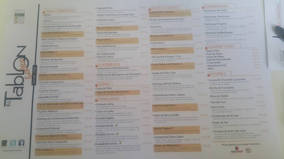 Carta del restaurante El Tablon Latino, Santiago De Los Caballeros, C ...