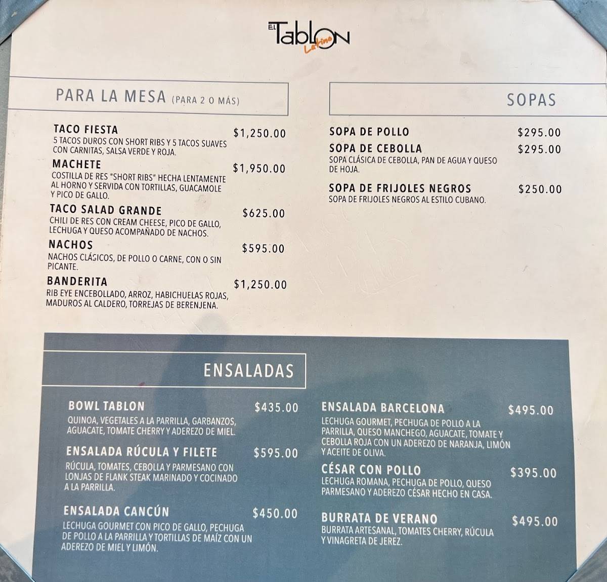 Carta del restaurante El Tablon Latino, Santiago De Los Caballeros, C ...