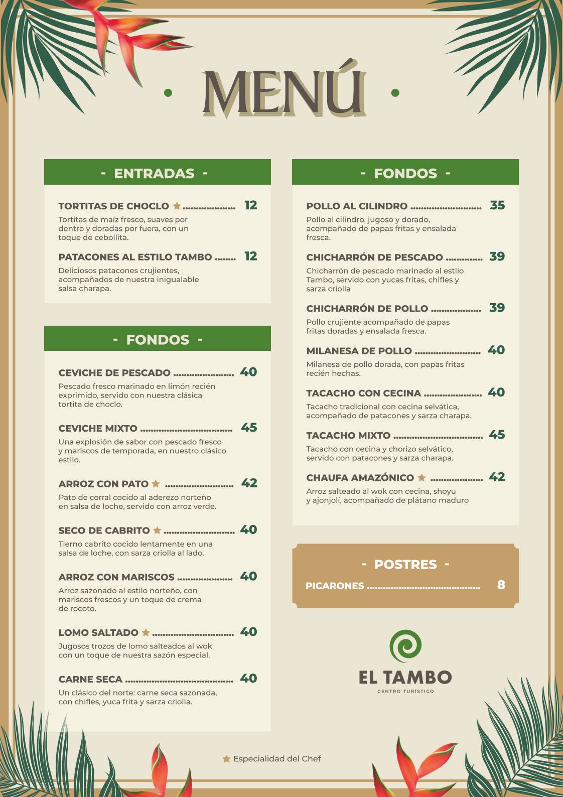 Carta del restaurante El Tambo Centro Campestre, Chiclayo