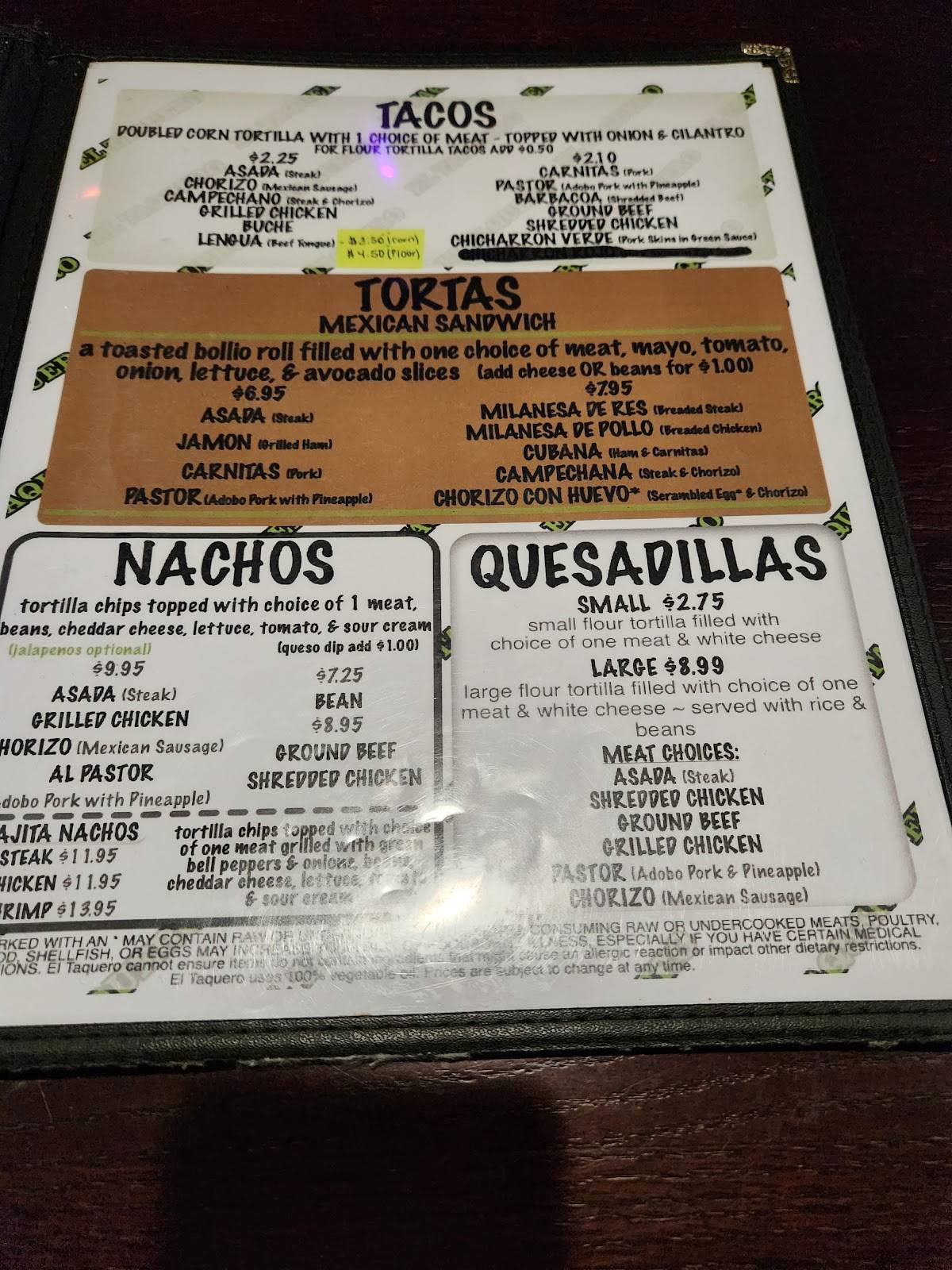 Menu at El Taquero restaurant, Fort Wayne