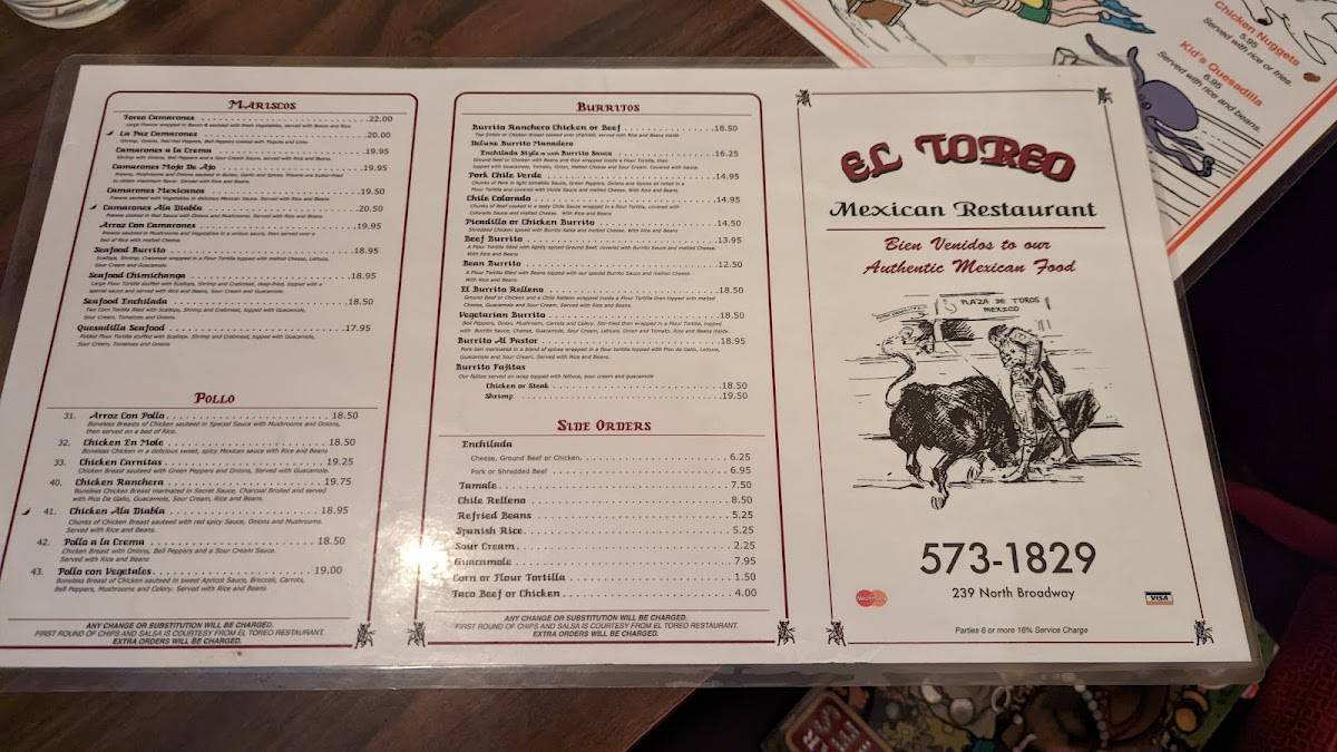 Menu at El Toreo Mexican Restaurant, Burns