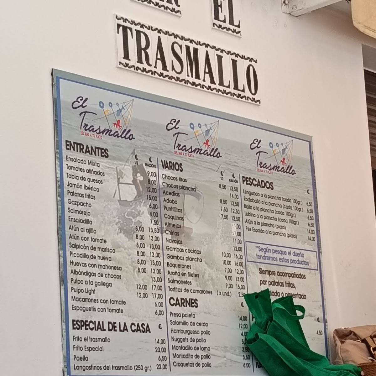 Carta del restaurante El Trasmallo, Islantilla