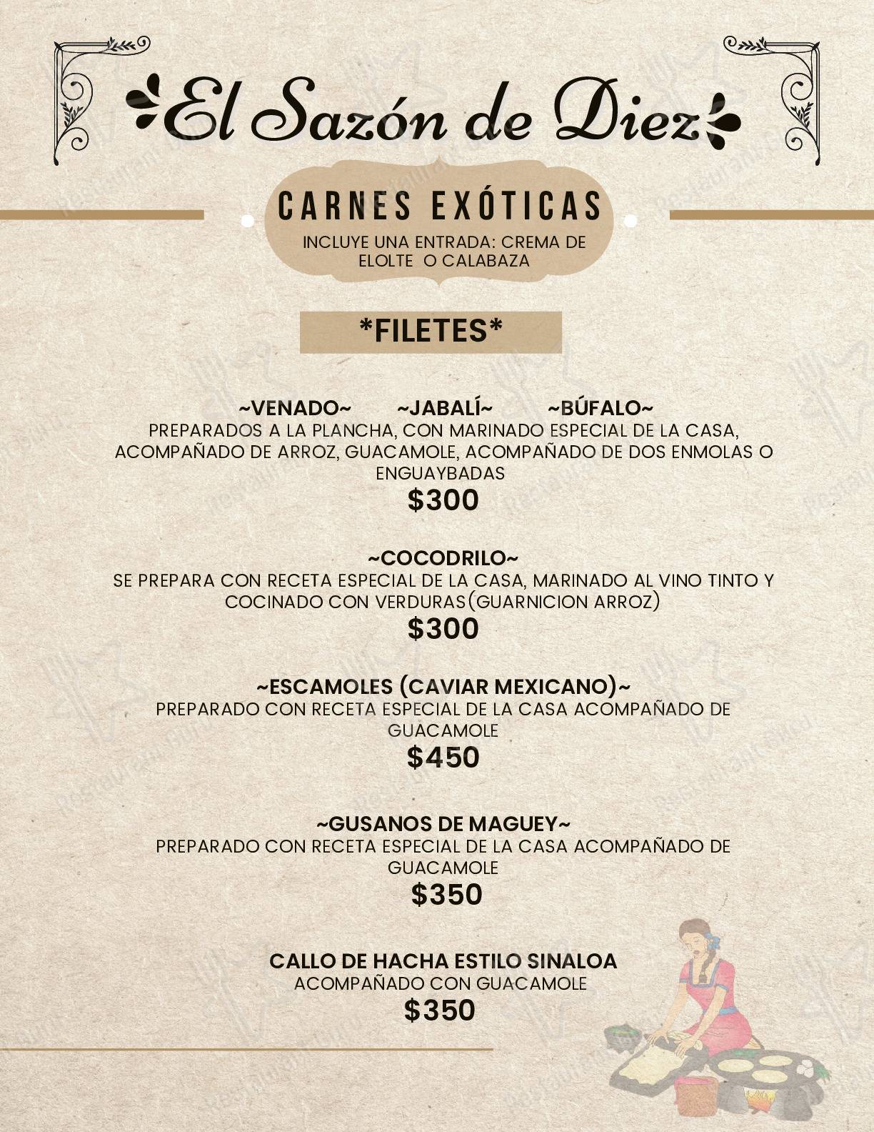 Menu at El sazón de Diez restaurant, Cuernavaca