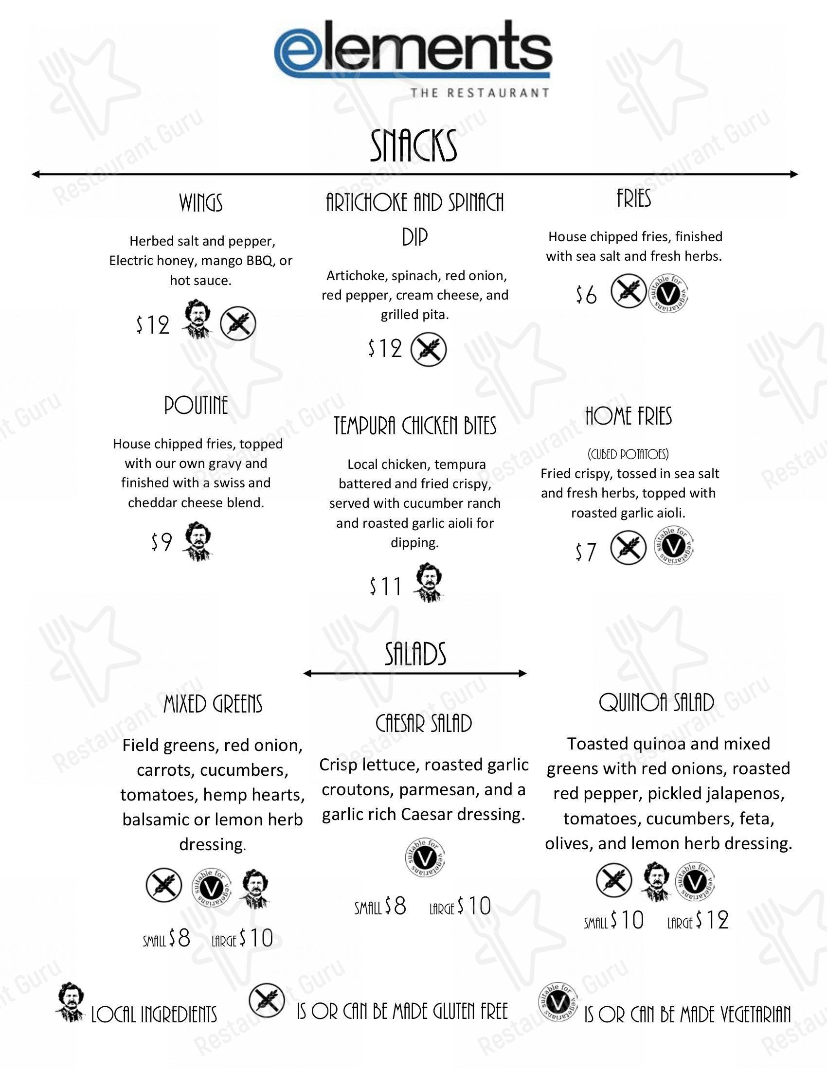 Menu at Elements The Restaurant, Winnipeg