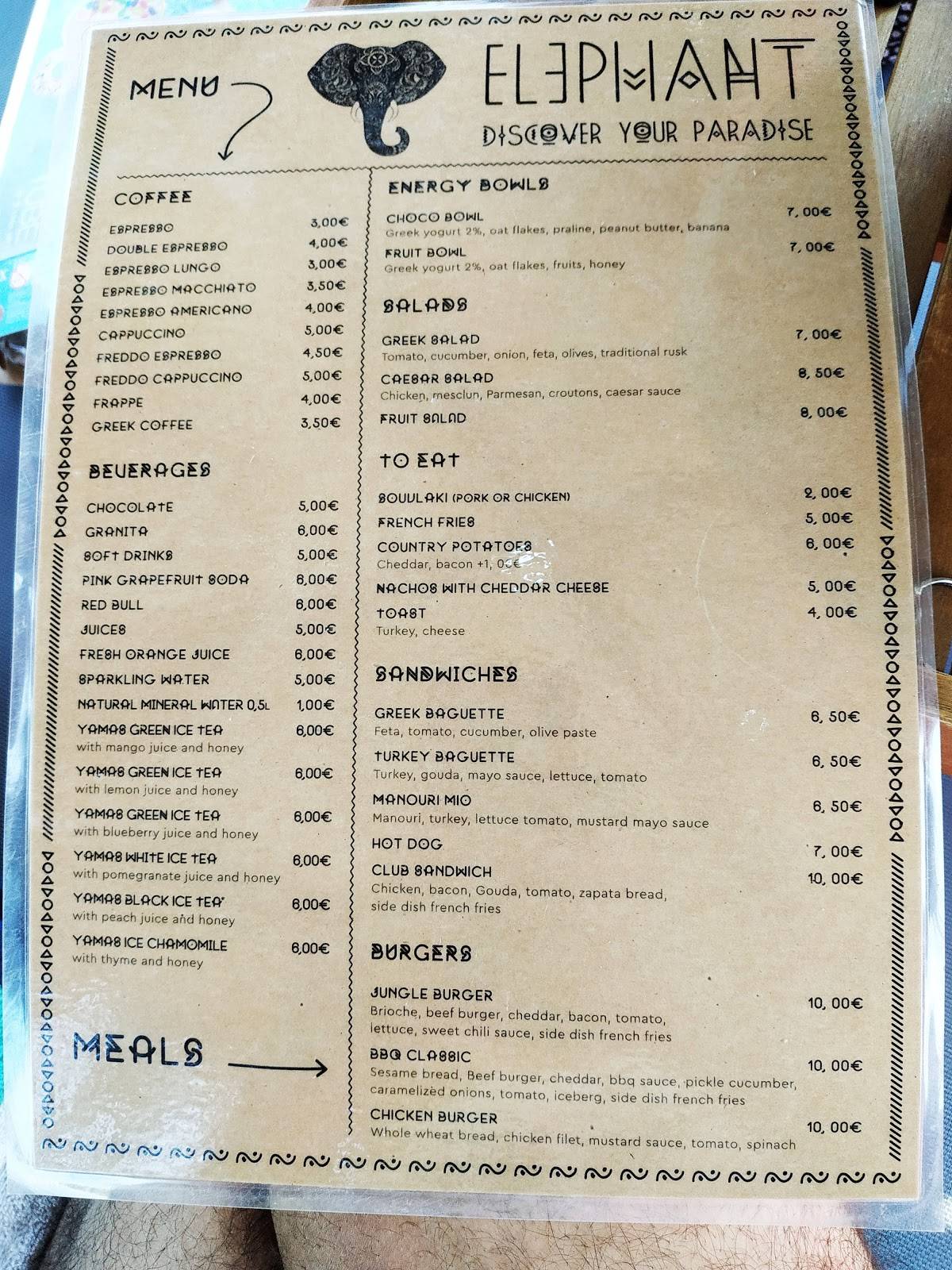 Carta de Elephant Beach Bar, Pefkochori