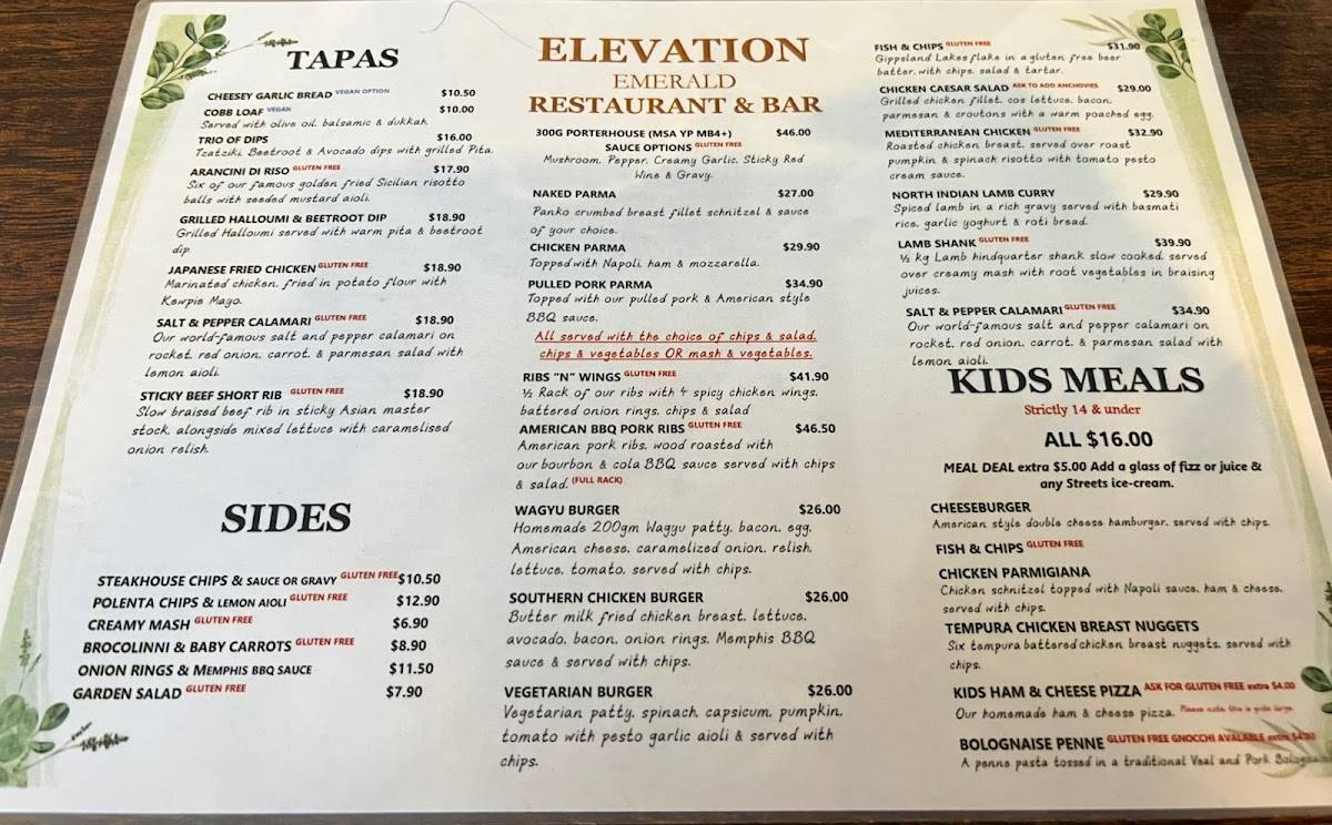 Menu at Elevation @ Emerald restaurant, Emerald