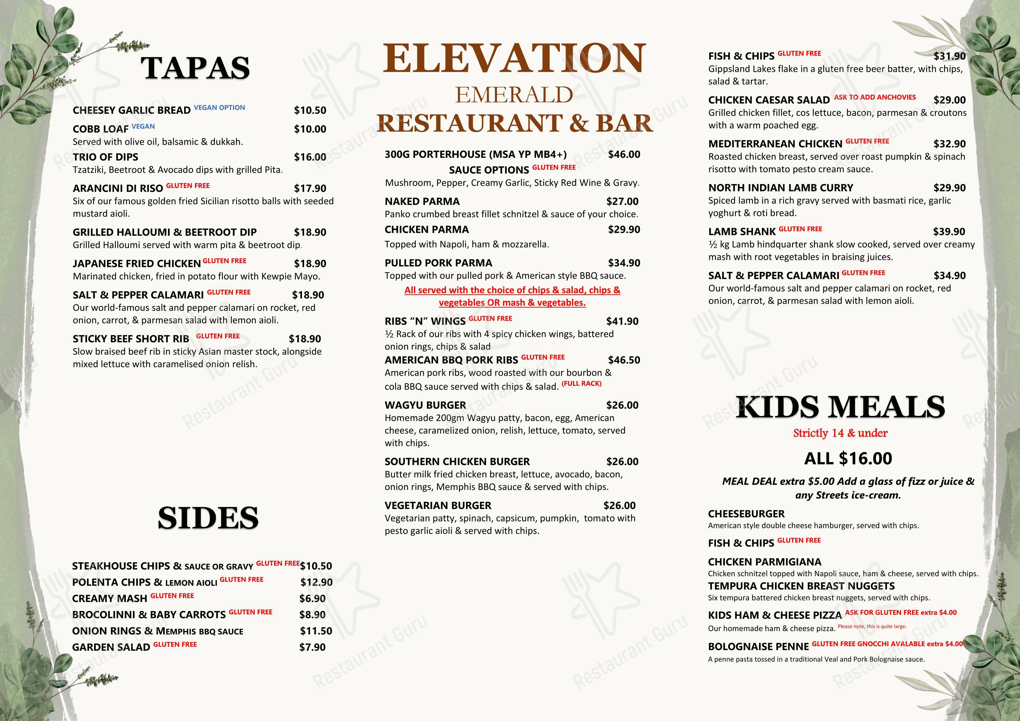 Menu at Elevation @ Emerald restaurant, Emerald