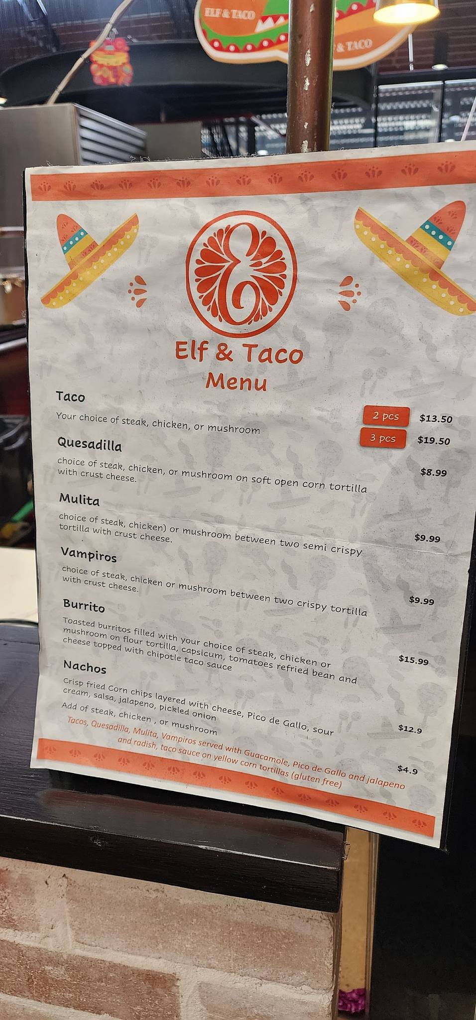 Menu at Elf Taco restaurant, Rosebery