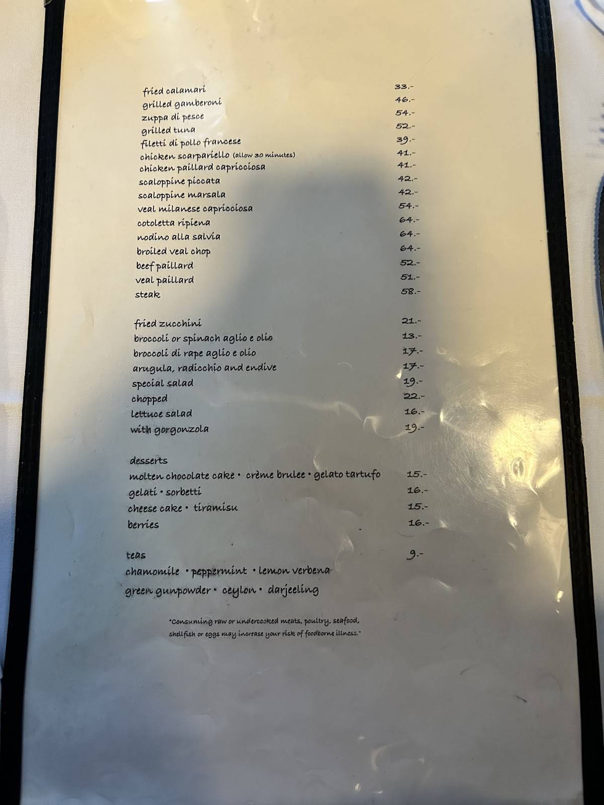 Menu at Elio's restaurant, New York City, 2nd Ave