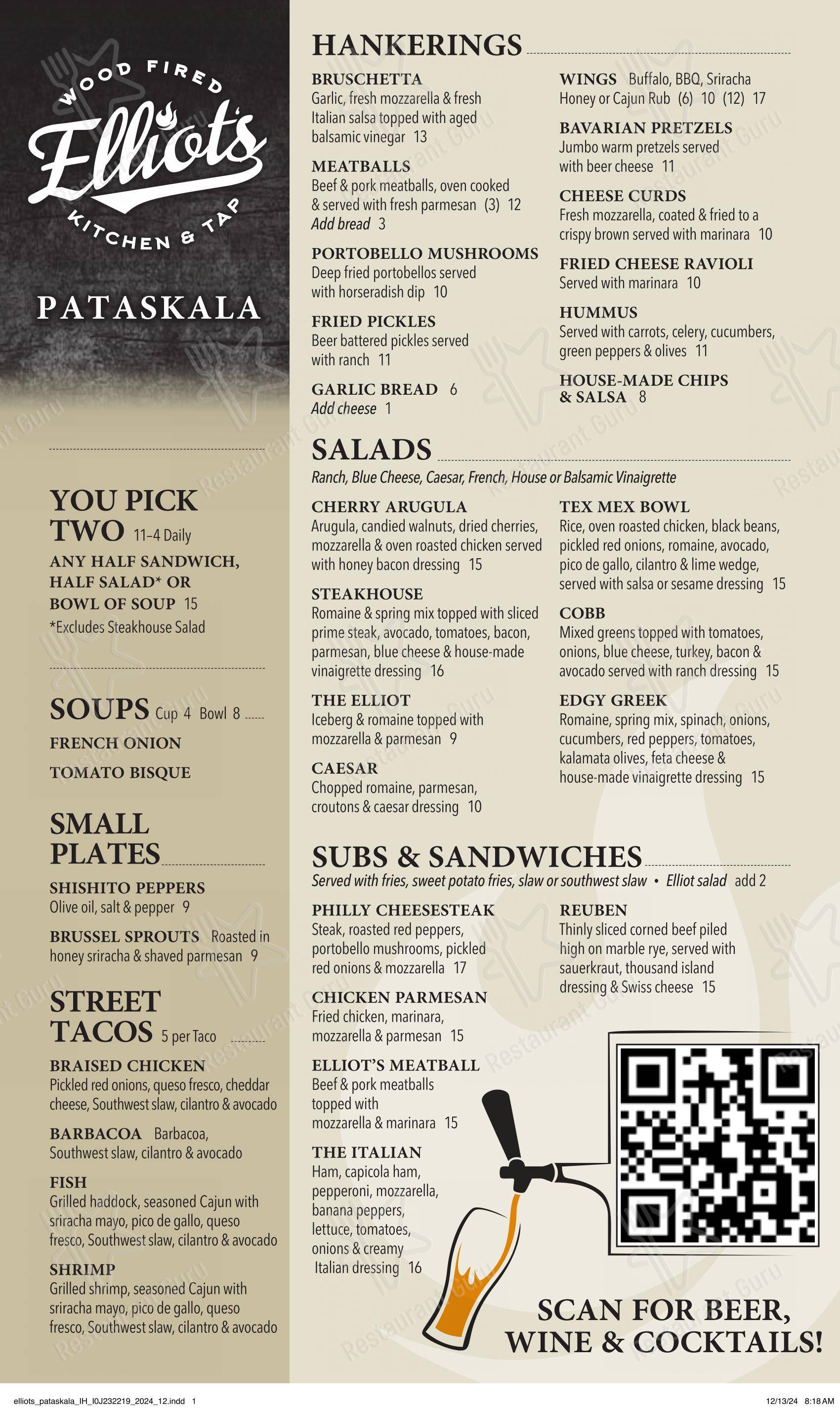 Menu at Elliot's Wood Fired Kitchen & Tap pub & bar, Pataskala