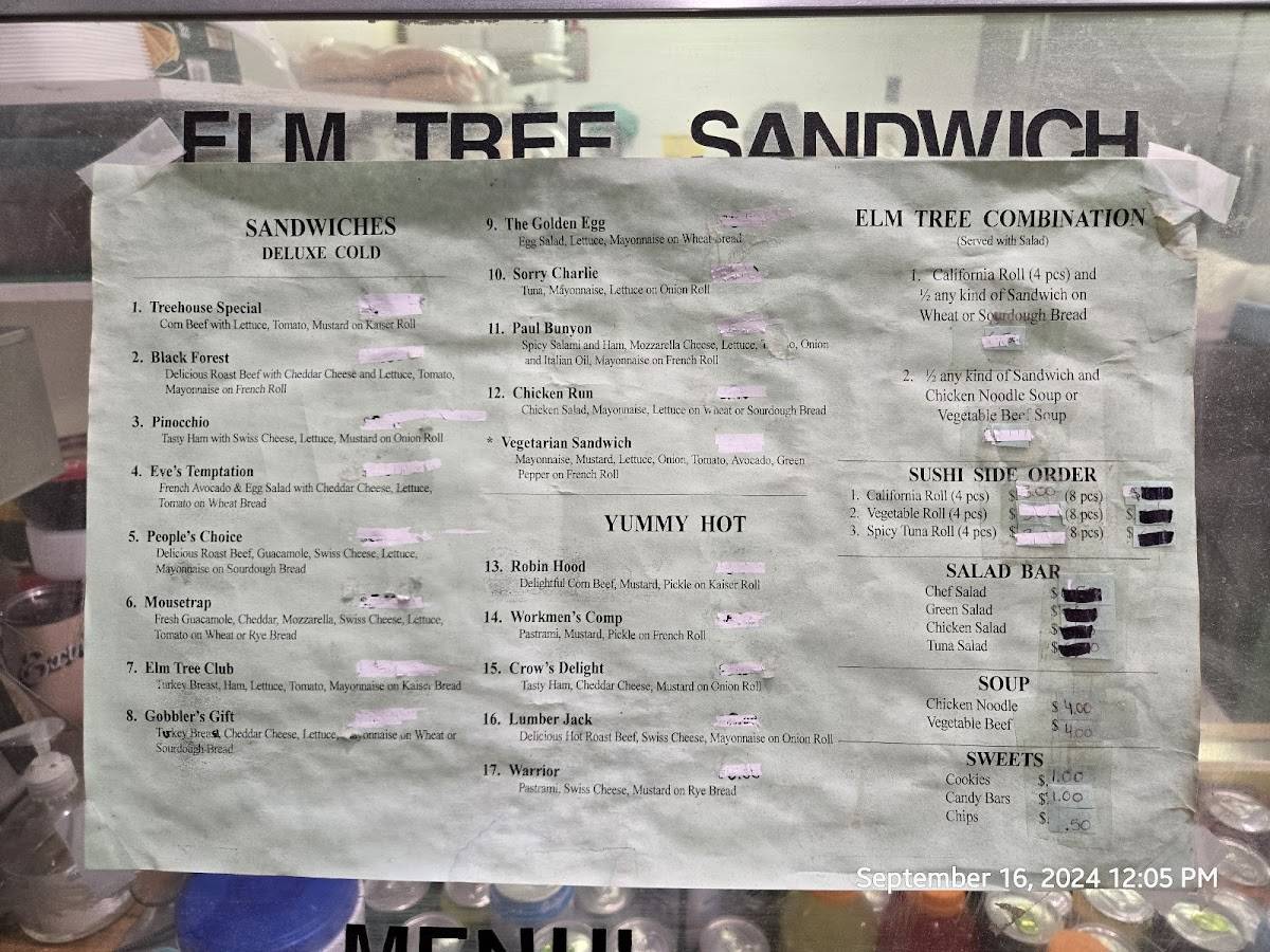 Menu at Elm Tree Sandwich Shop restaurant, Commerce