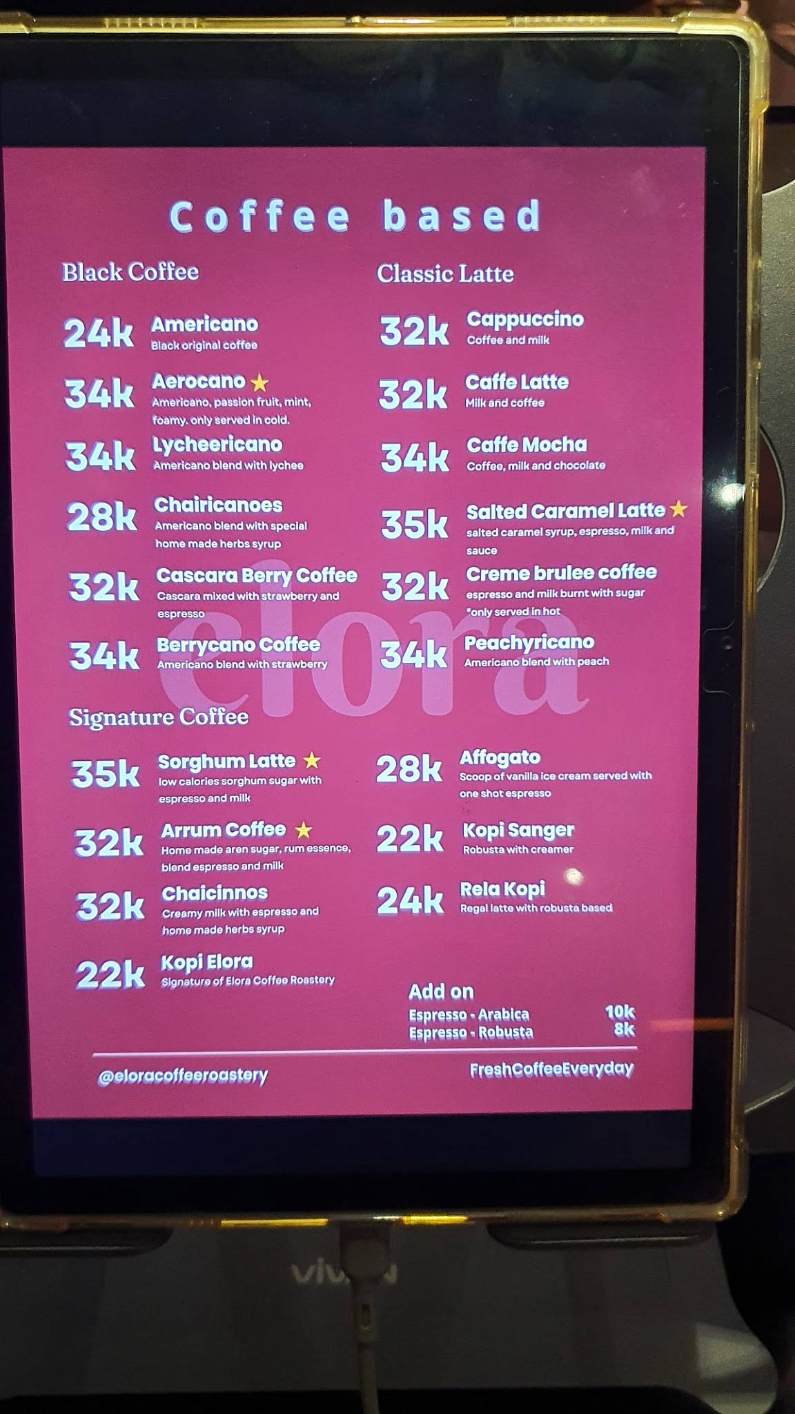 Menu at Elora Coffee Roastery, Batam