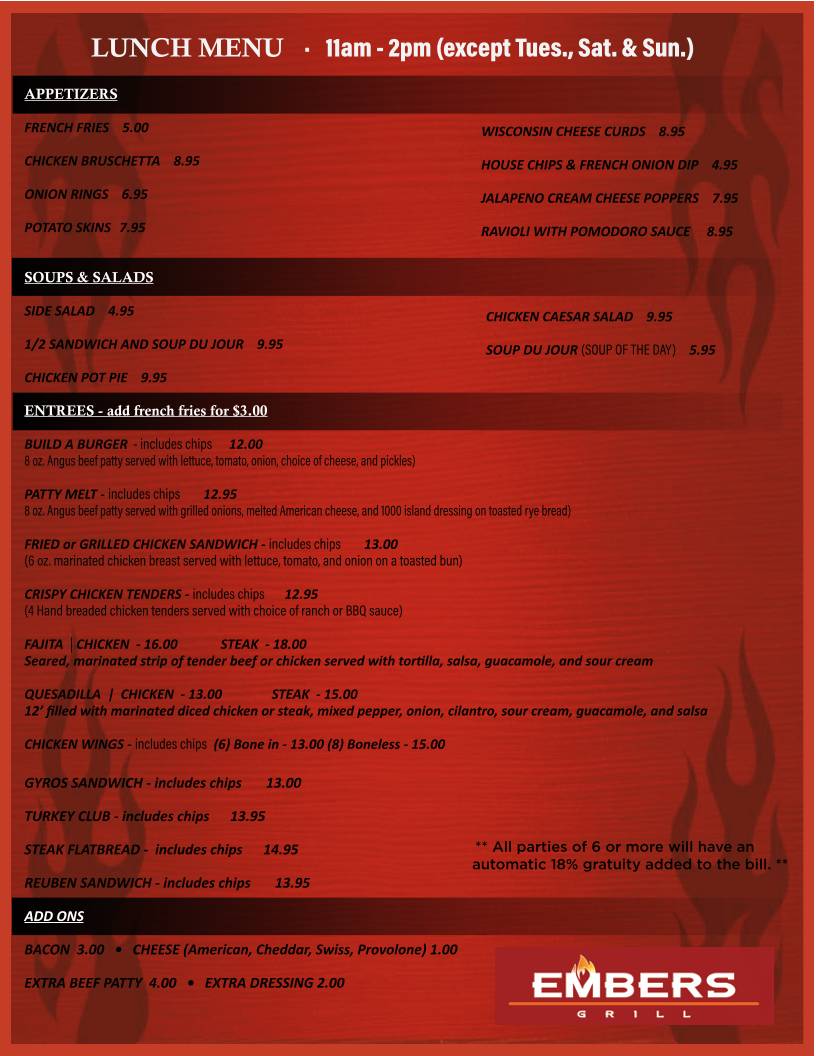 Menu at Embers Grill restaurant, USA