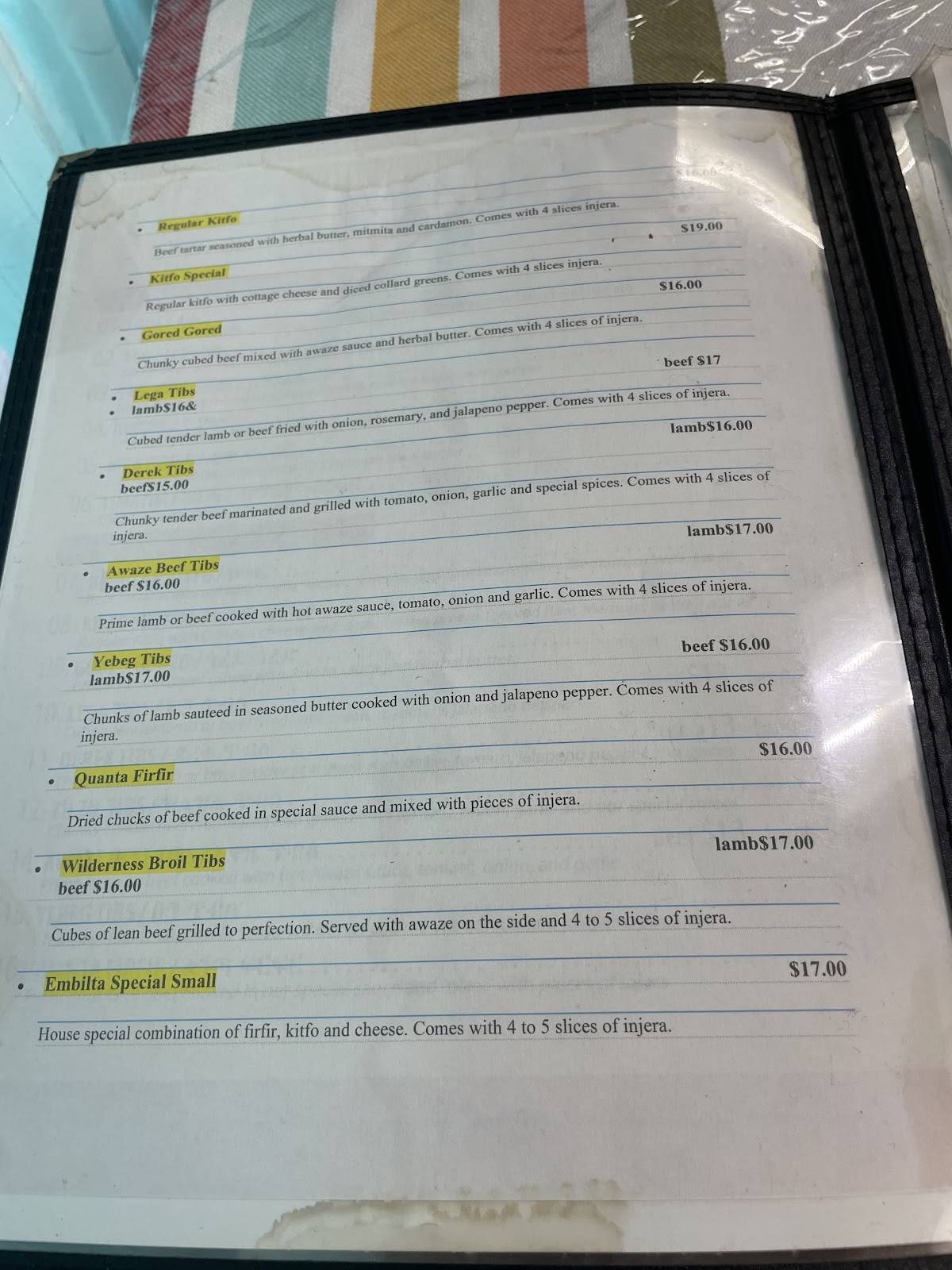 Menu at Embilta Cafe & Restaurant, Atlanta