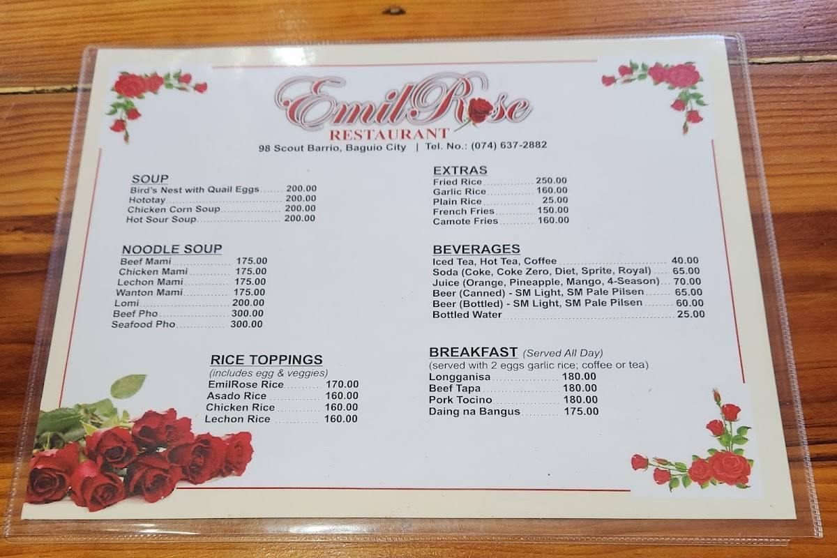Menu at Emil Rose Restaurant, Baguio, Purok 6 98-B