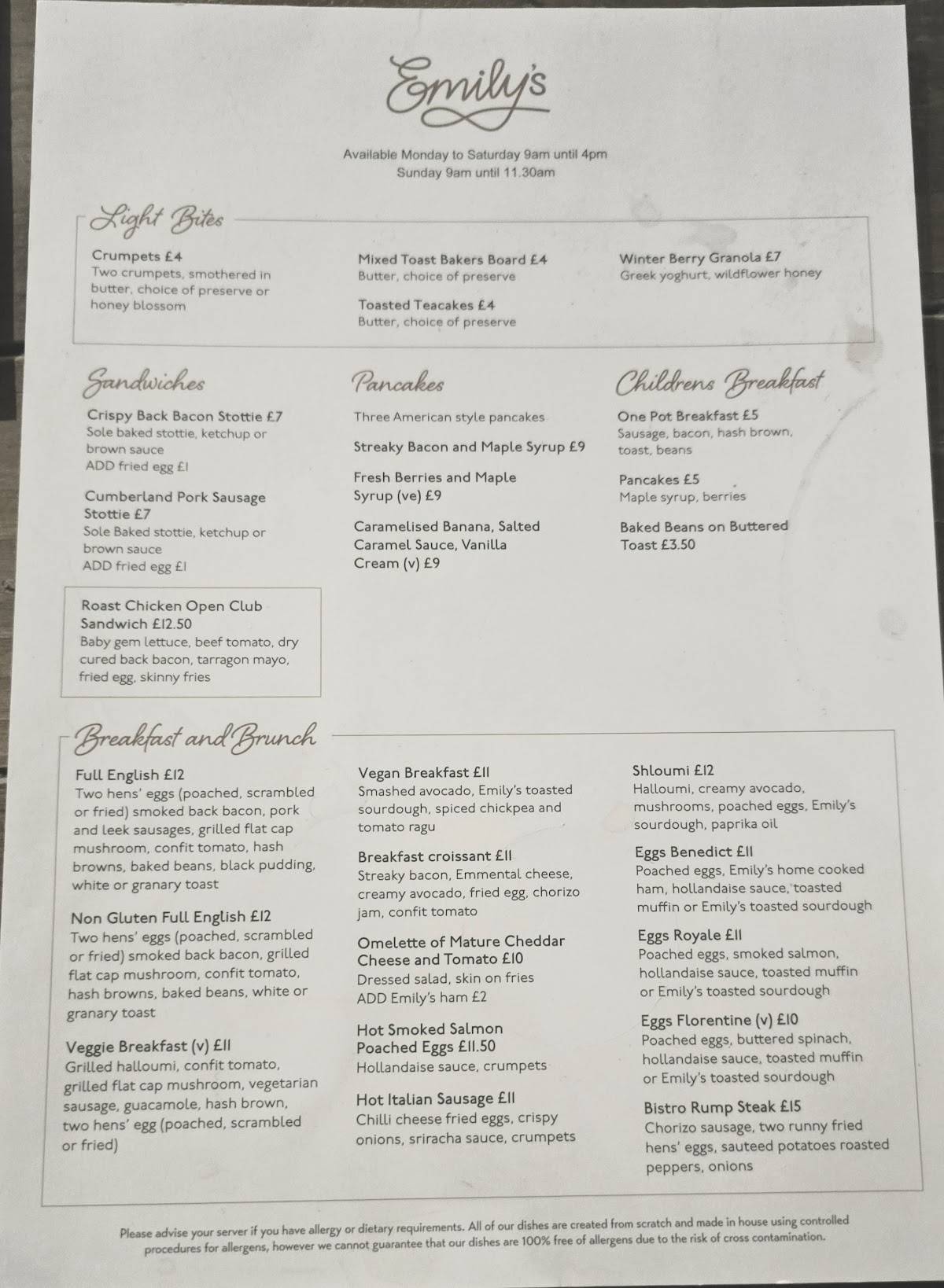 Menu at Emily's Cafe, Huddersfield
