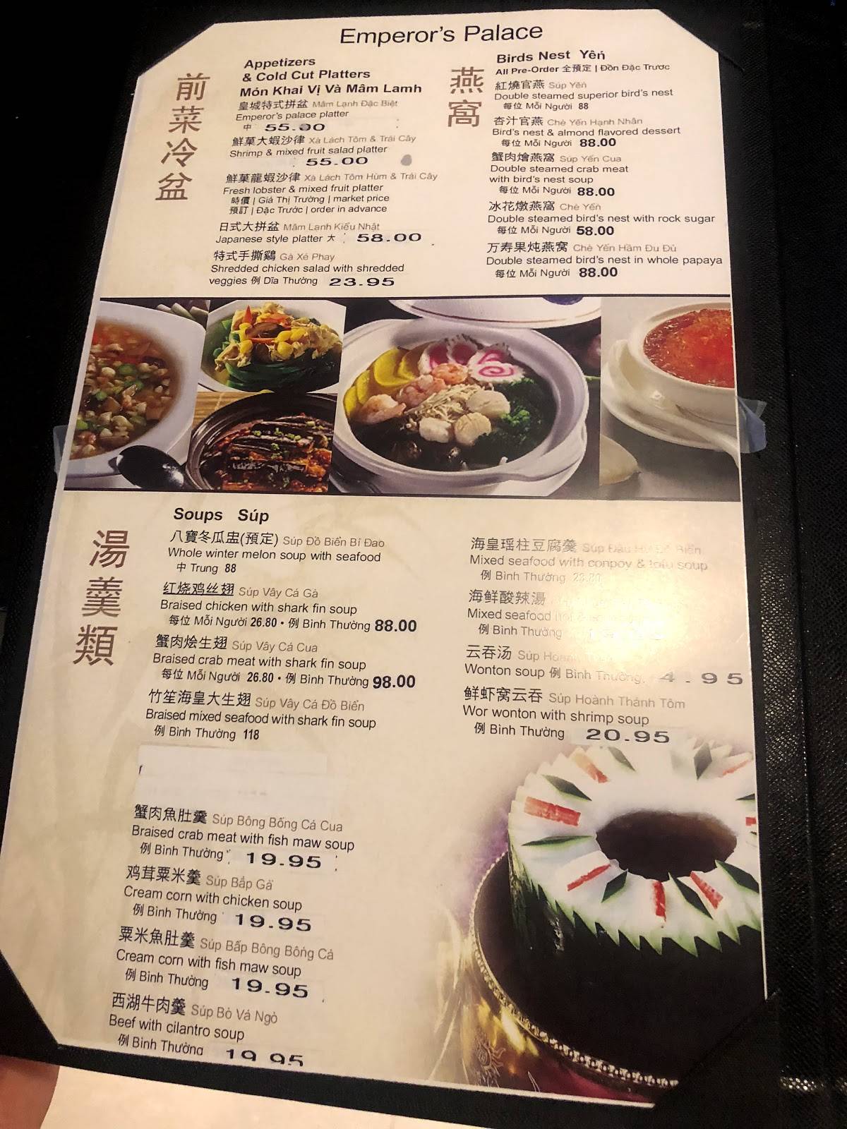 Menu at Emperor's Palace Chinese Cuisine restaurant, Edmonton