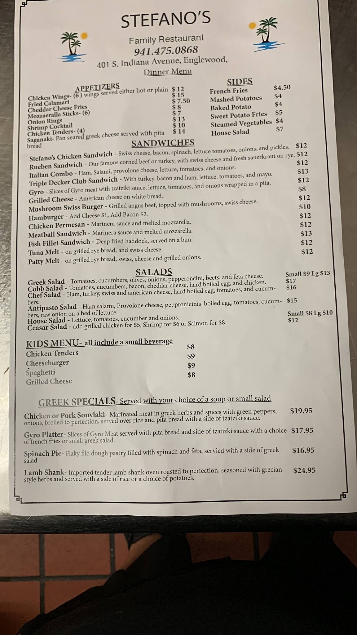 Menu at Stefano's Family Restaurant, Englewood