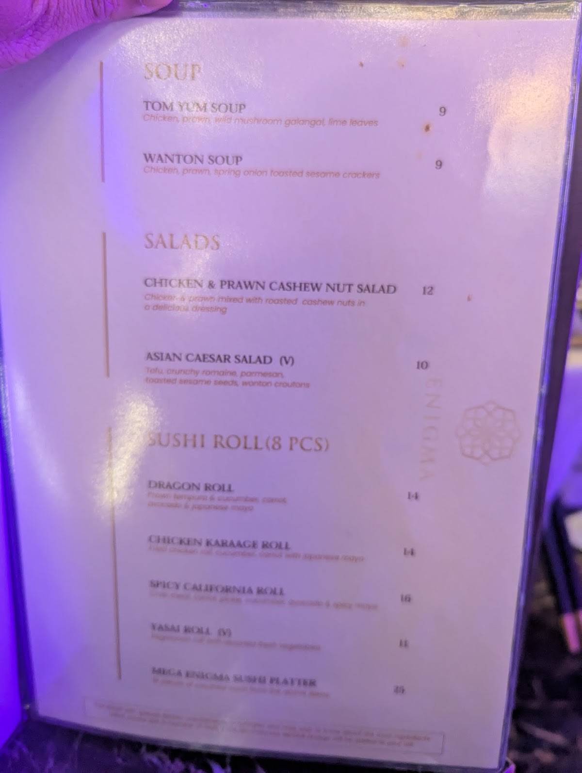 Menu at Enigma Pan Asian restaurant, Ilford