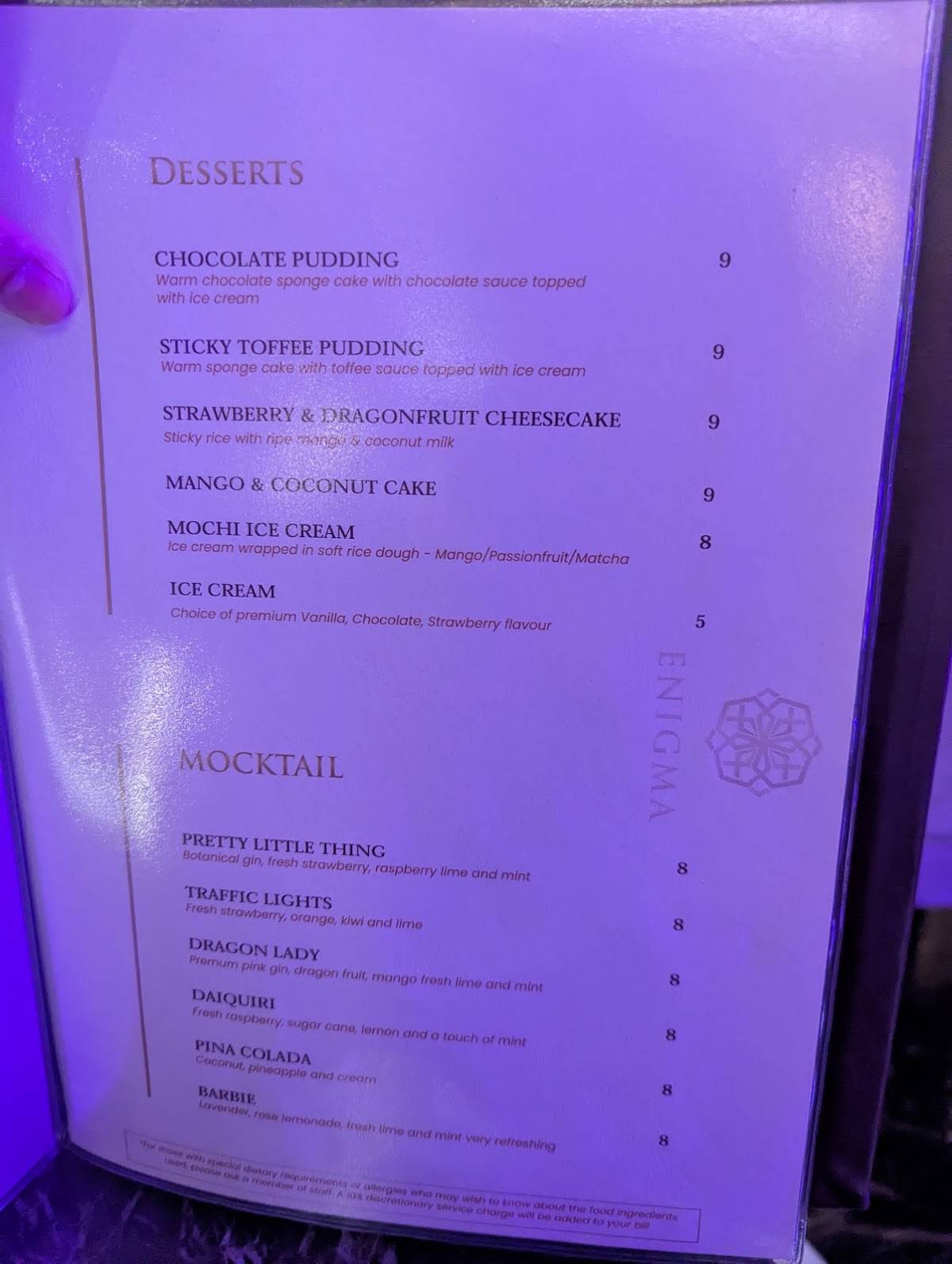 Menu at Enigma Pan Asian restaurant, Ilford