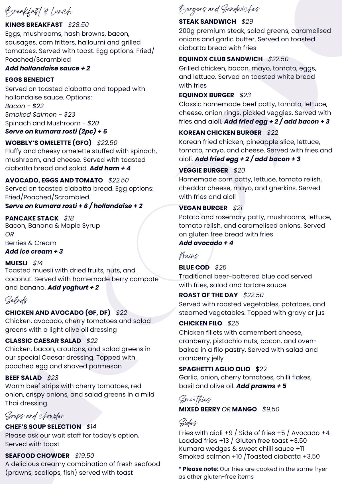 Menu at Equinox Bar & Restaurant, Dunedin