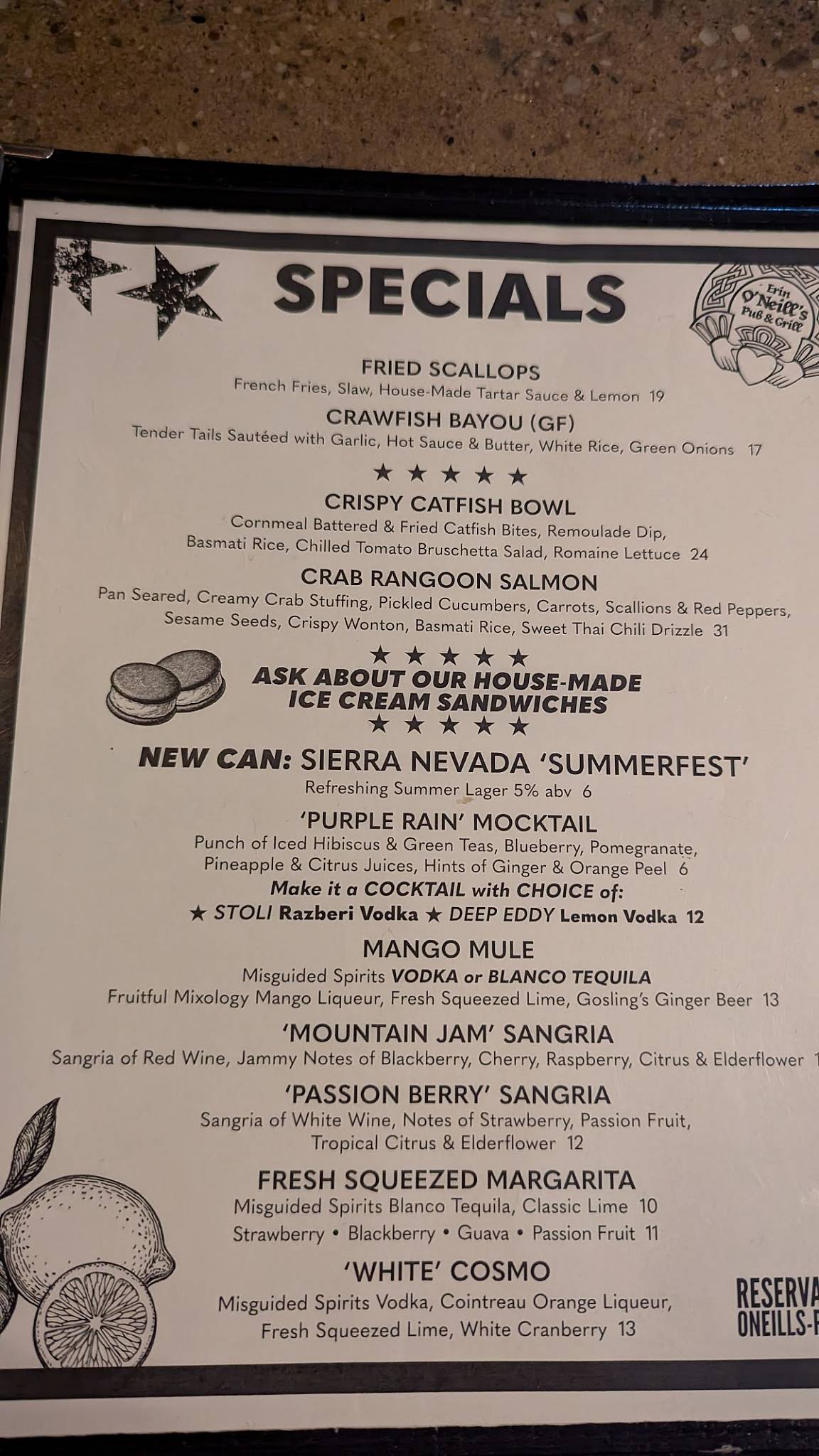 Menu at Erin O'Neill's Pub & Grill, Poughkeepsie
