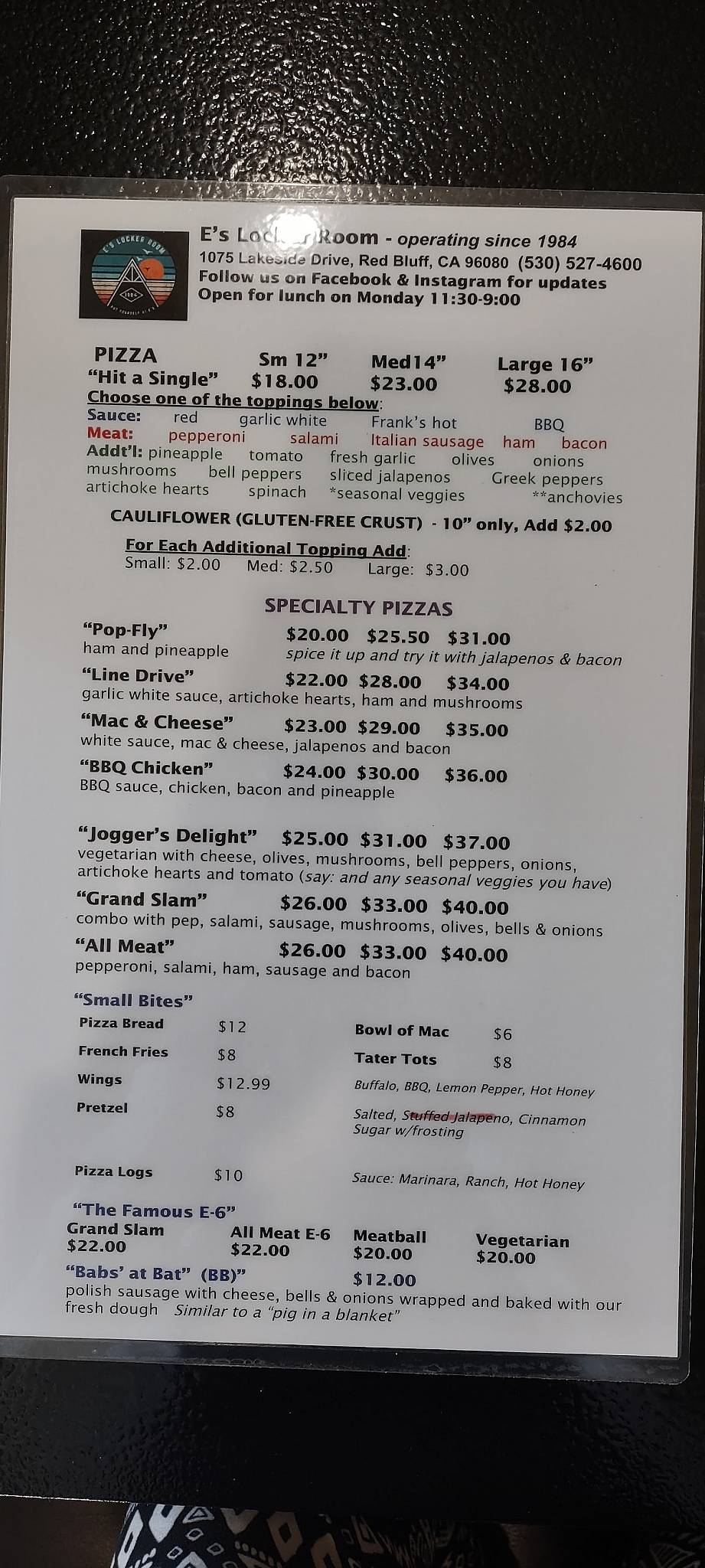 Menu at E's Locker Room pub & bar, Red Bluff