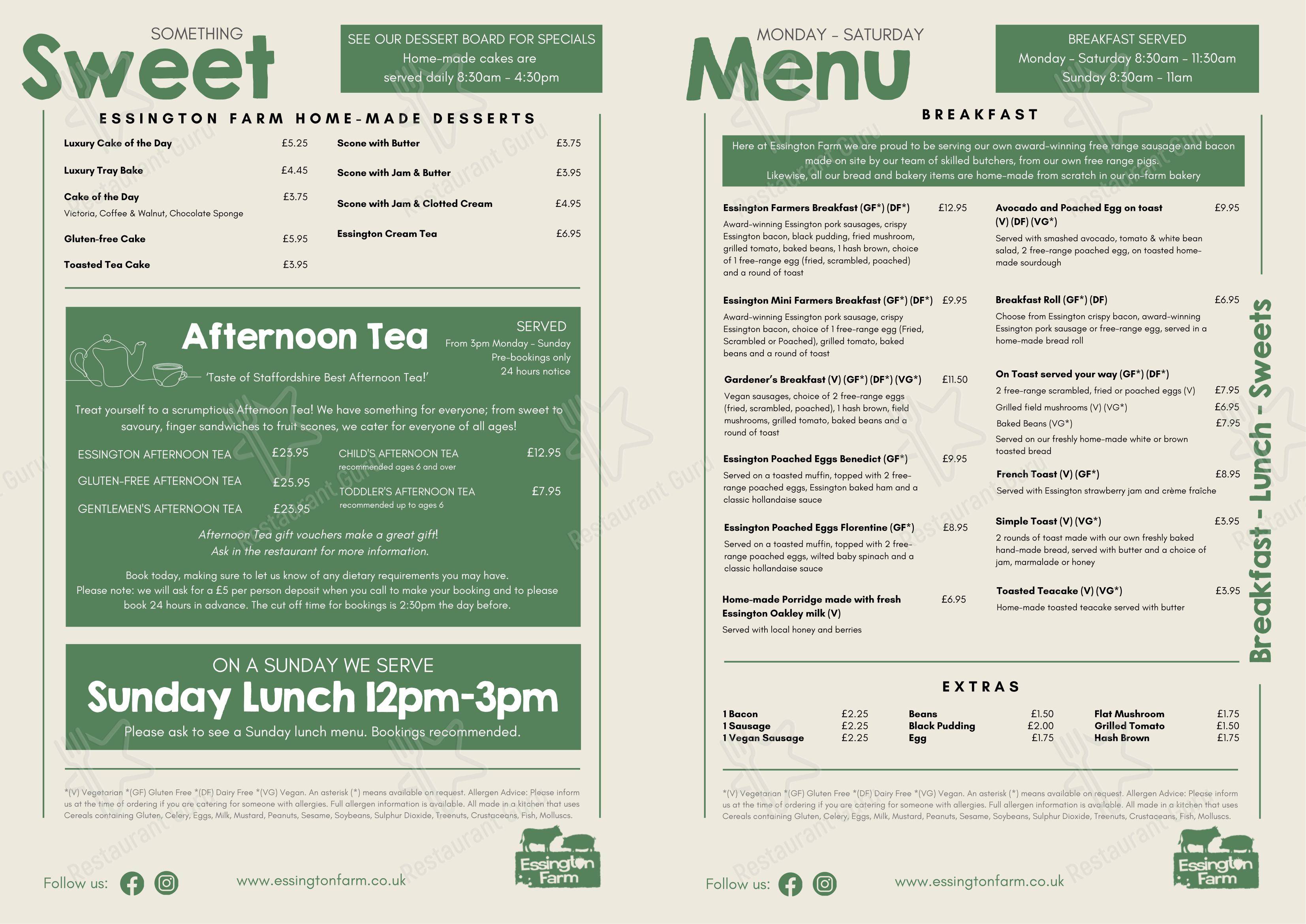 Menu at Essington Farm restaurant, Essington