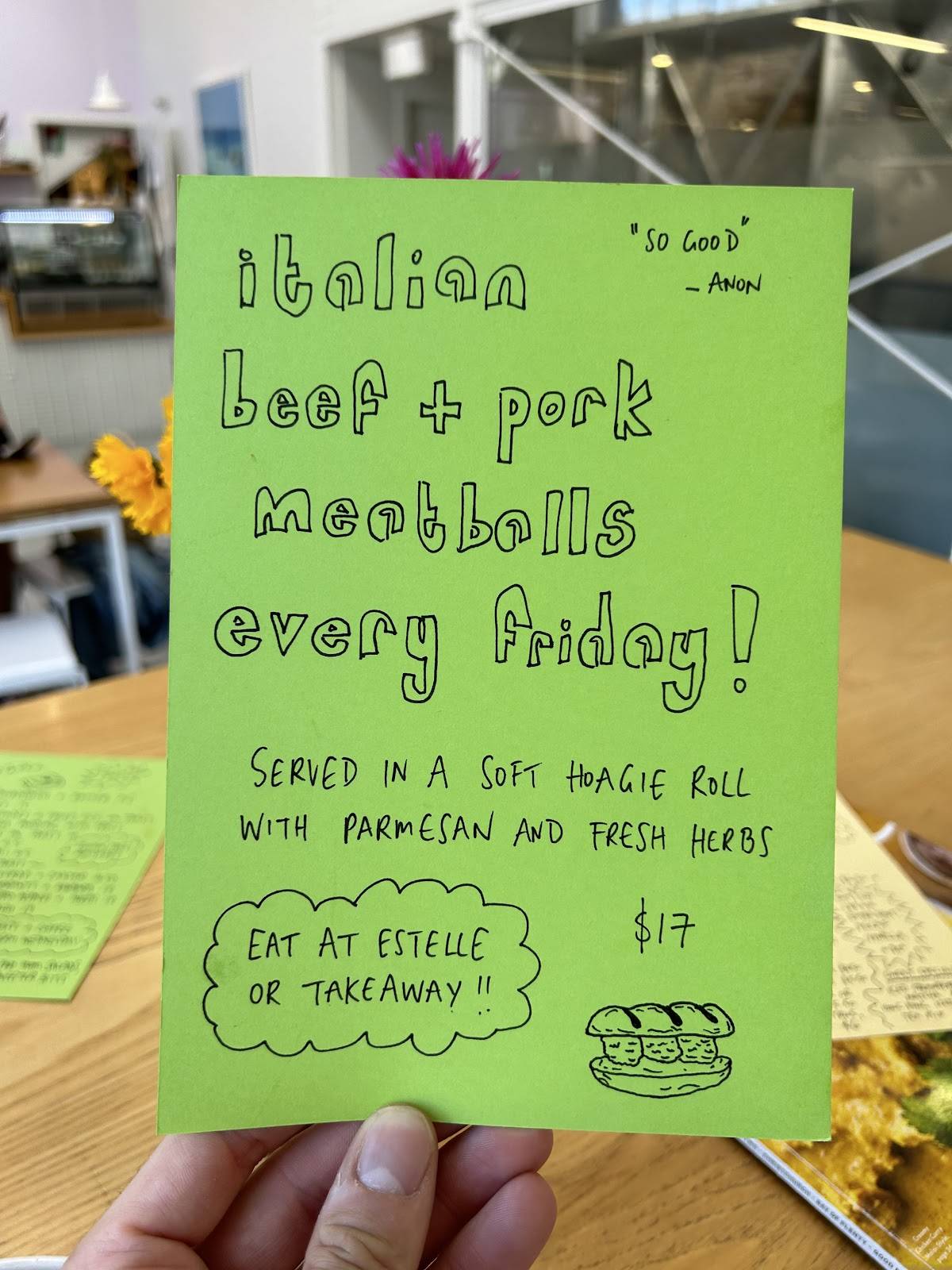 Menu at Estelle cafe, Christchurch